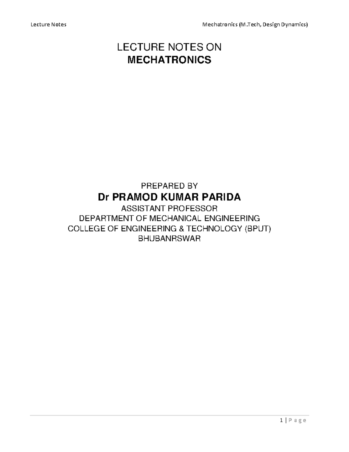 Intoduction to mechatronics engineering - LECTURE NOTES ON MECHATRONICS ...