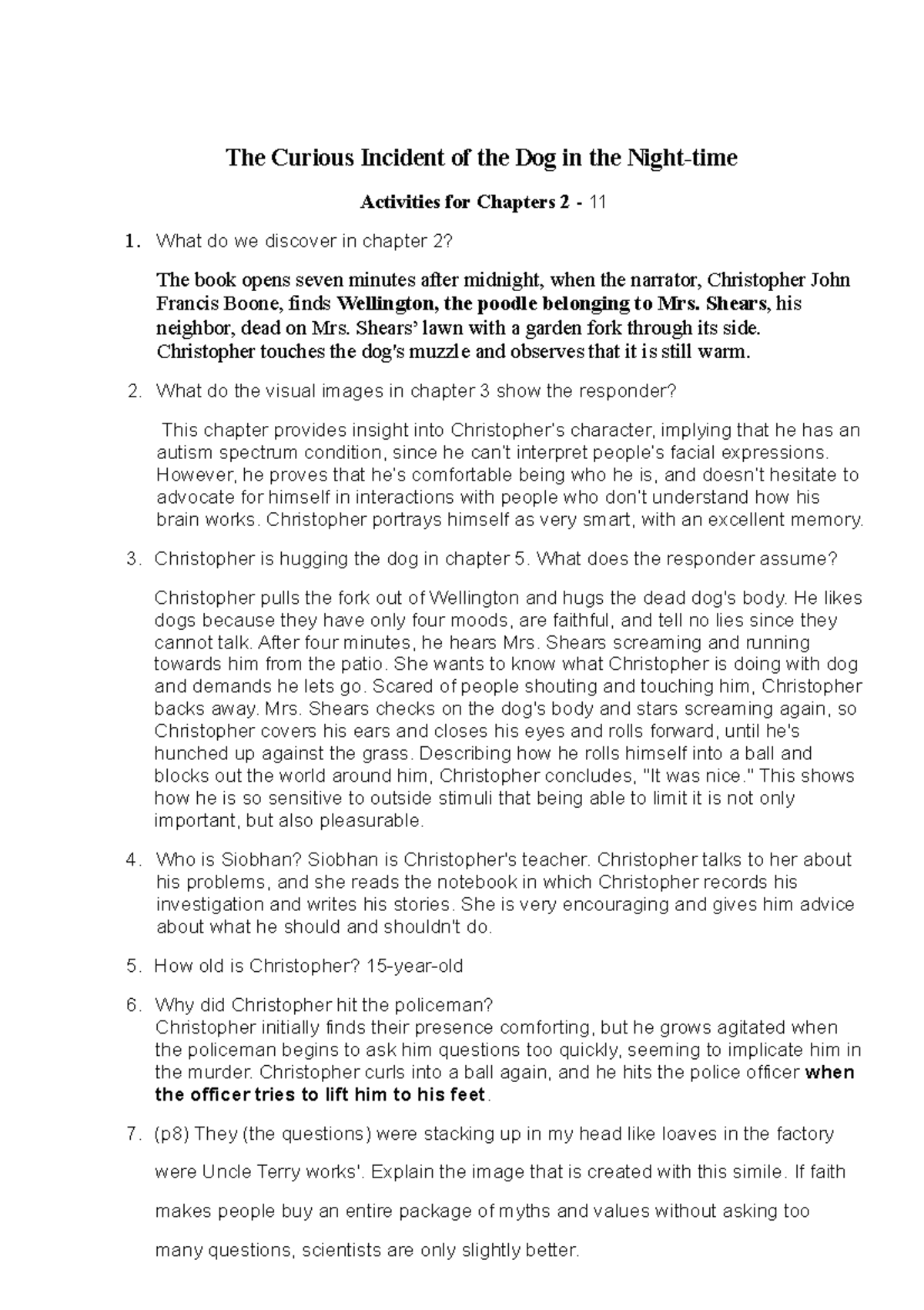 The Curious Incident of the Dog in the Activities for Chapters 2-11 ...