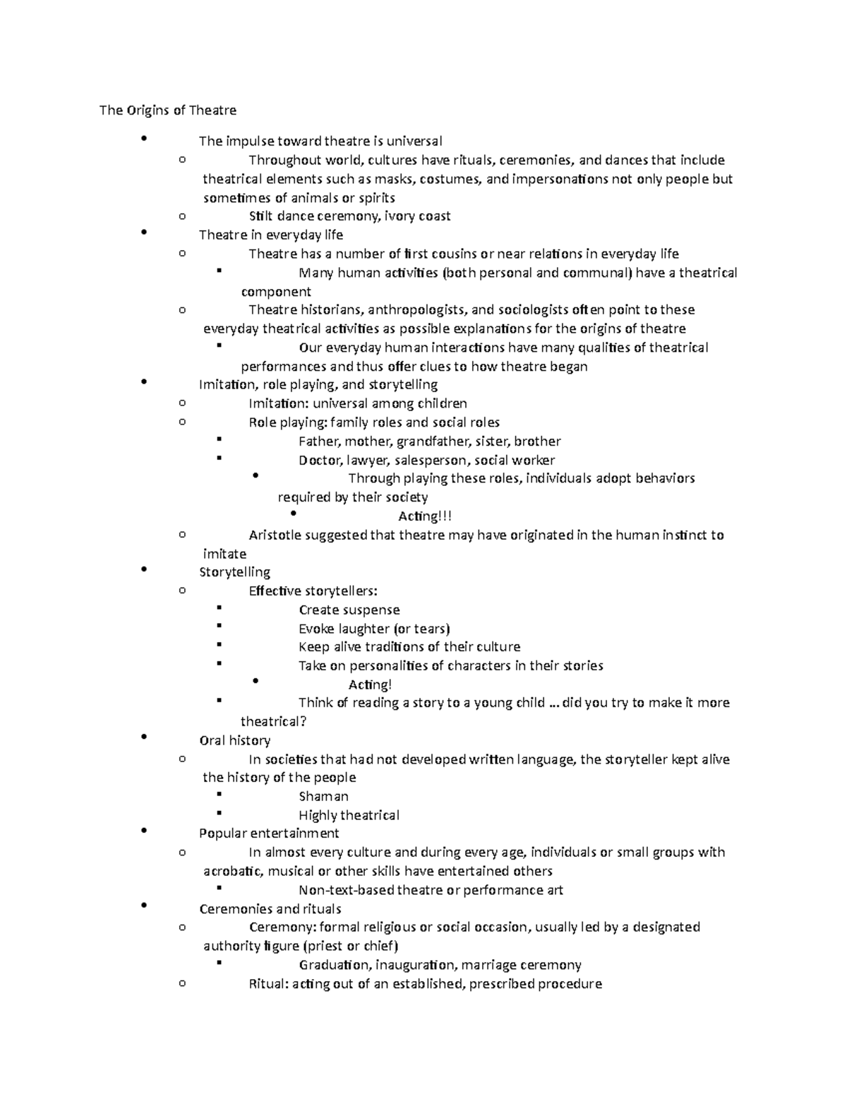 The Origins of Theatre - Lecture notes 1 - The Origins of Theatre o o o ...