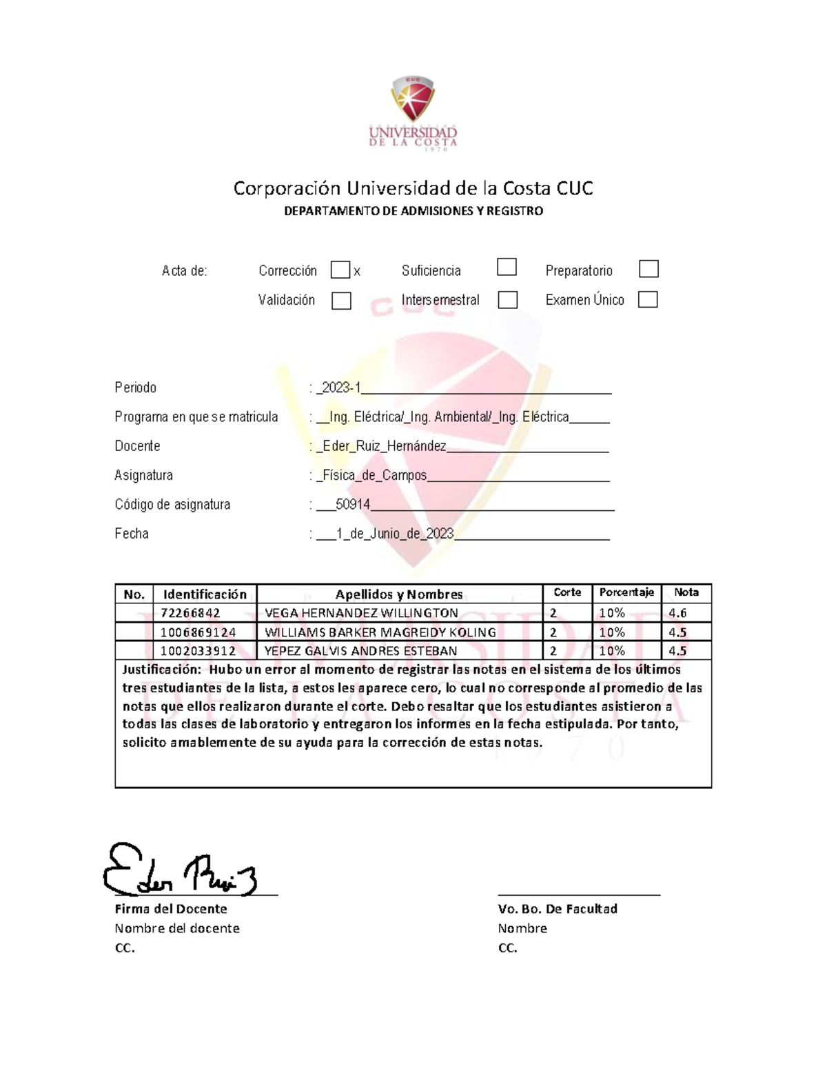 Plantilla de ingreso de notas eder - Corporación Universidad de la Costa CUC DEPARTAMENTO DE ...