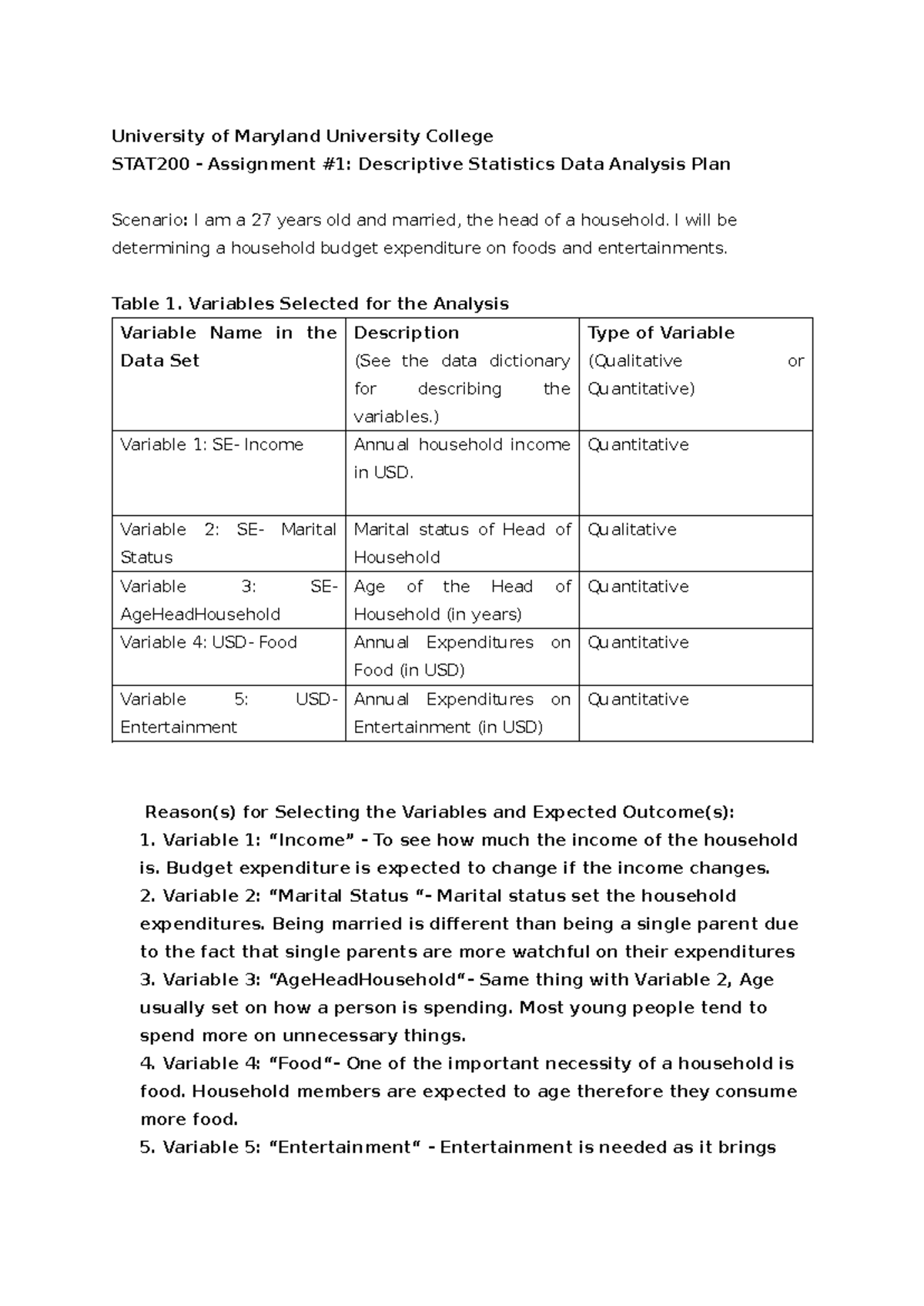 STAT200- Assignment # 1 - University of Maryland University College ...