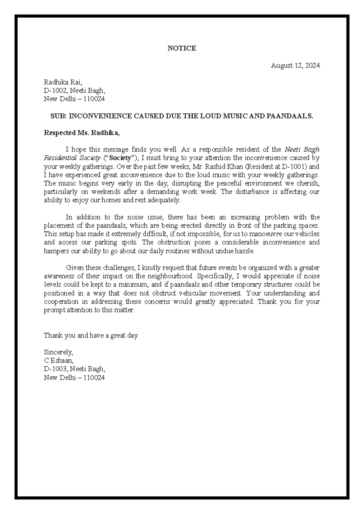 Normal Notice - DPC - NOTICE August 12, 2024 Radhika Rai, D-1002, Neeti ...