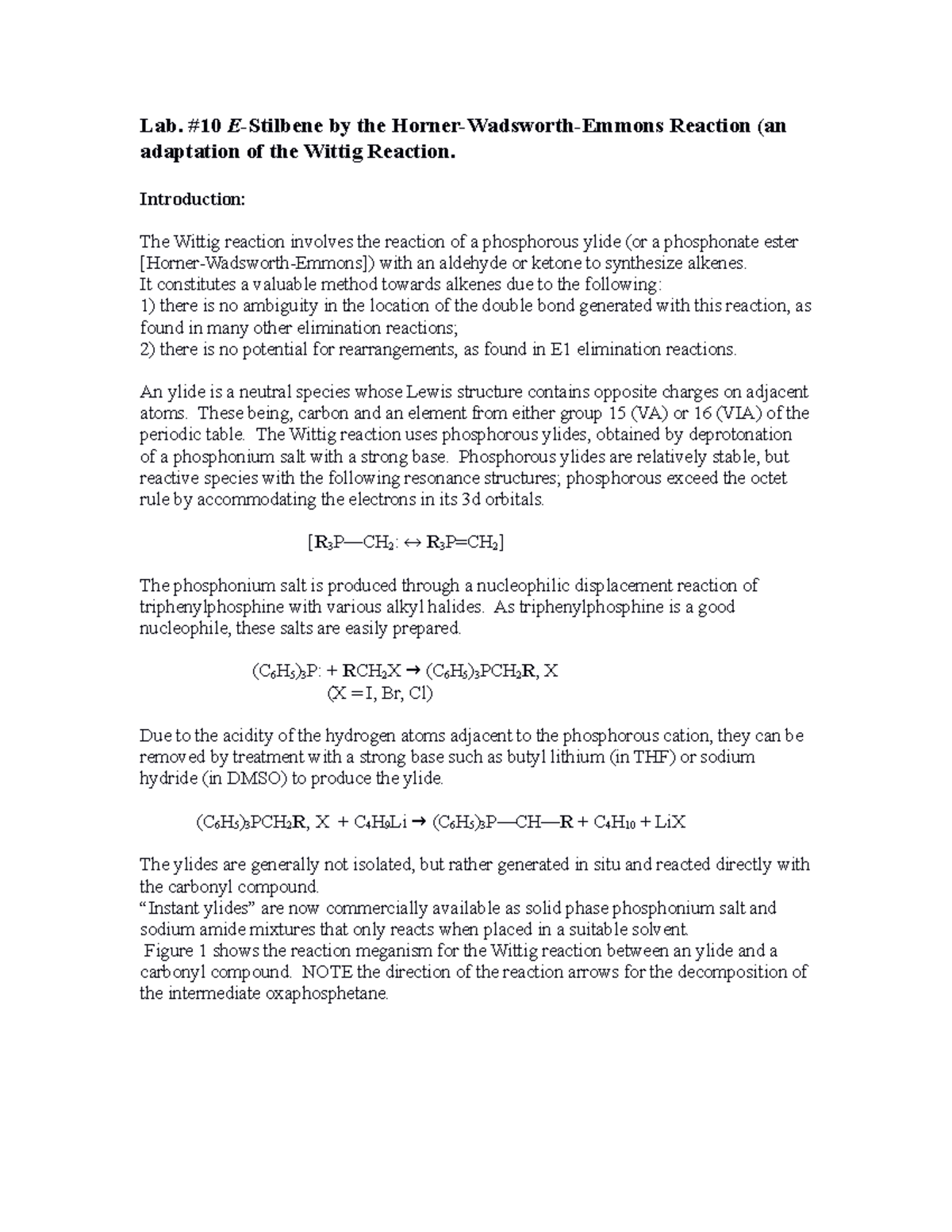 Lab10 - ochem - Lab. #10 E-Stilbene by the Horner-Wadsworth-Emmons ...