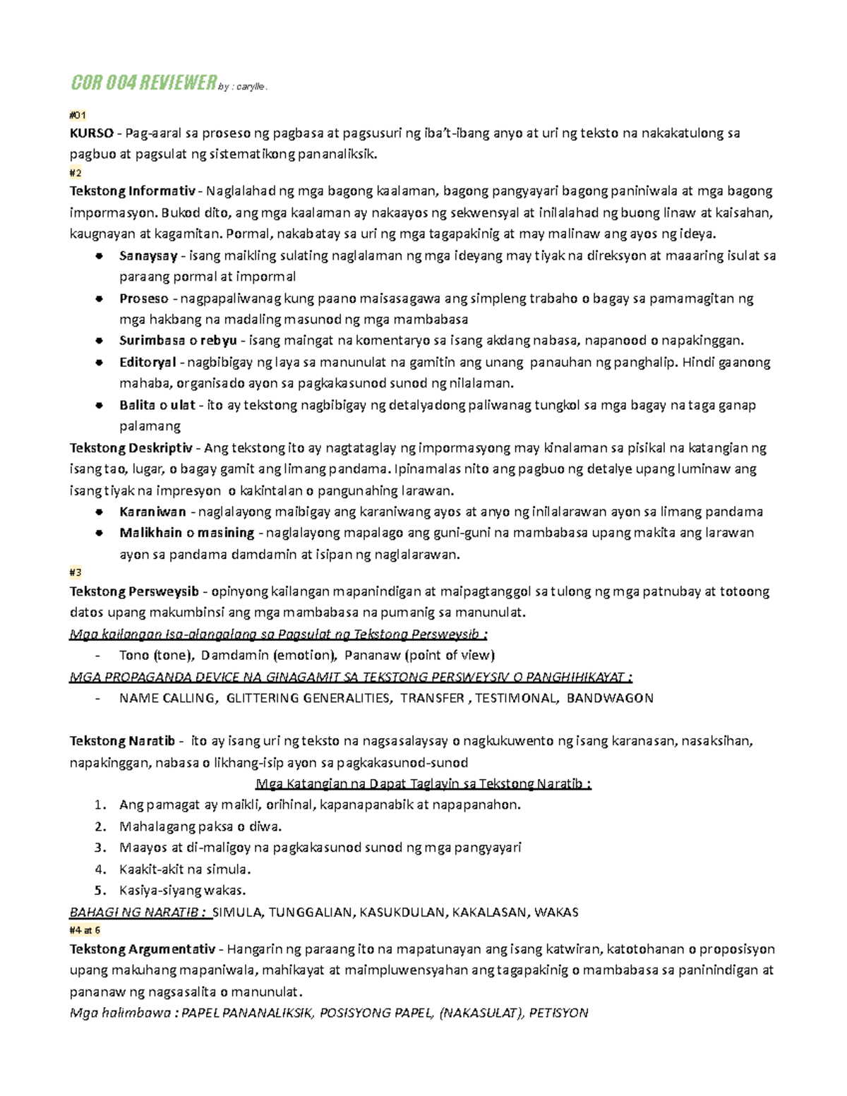 COR-004- Reviewer-by-carylle - COR 004 REVIEWER by : carylle. KURSO - Pag-aaral sa proseso ng ...