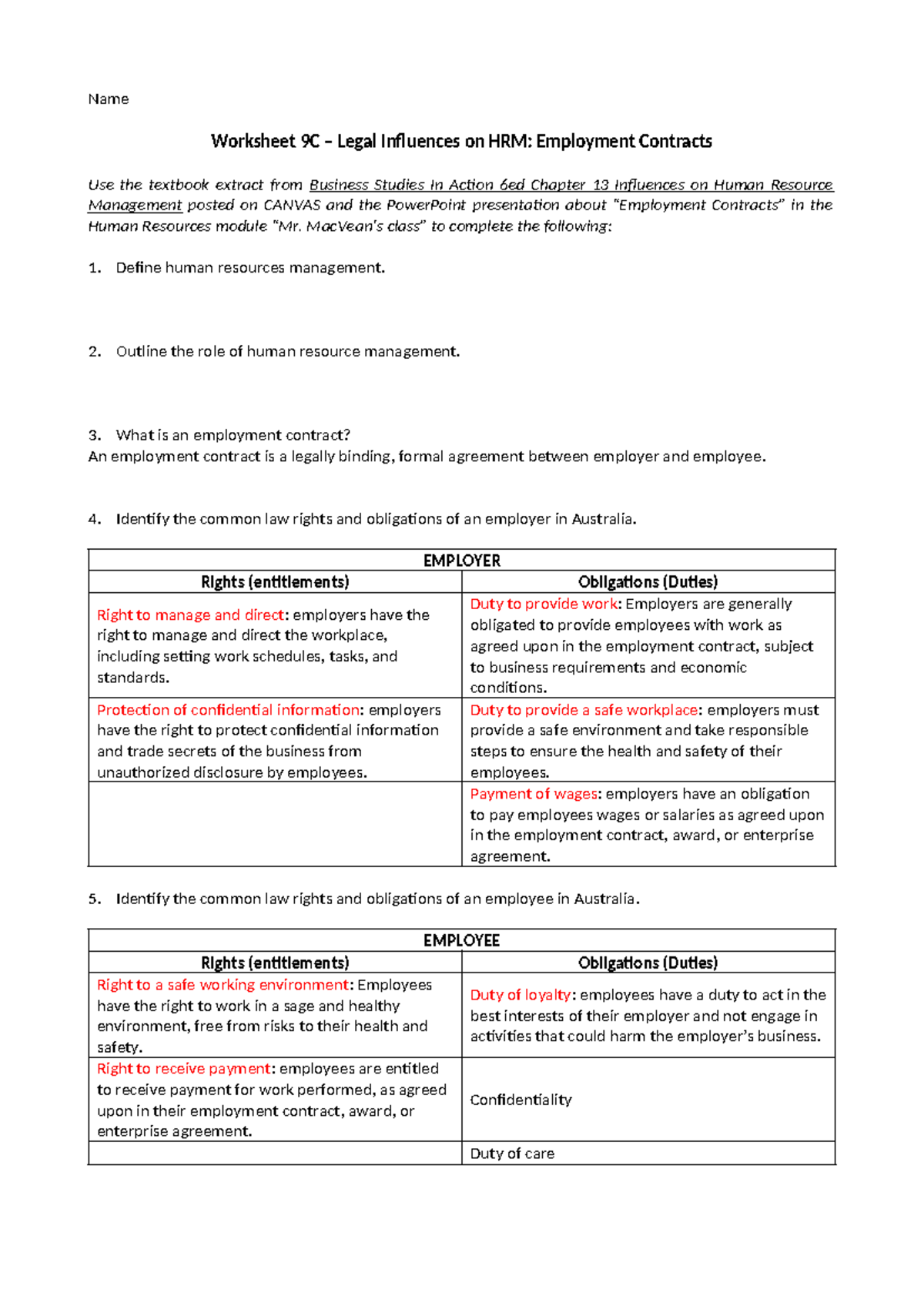 Worksheet 9C Employment Contracts - Name Worksheet 9C – Legal ...