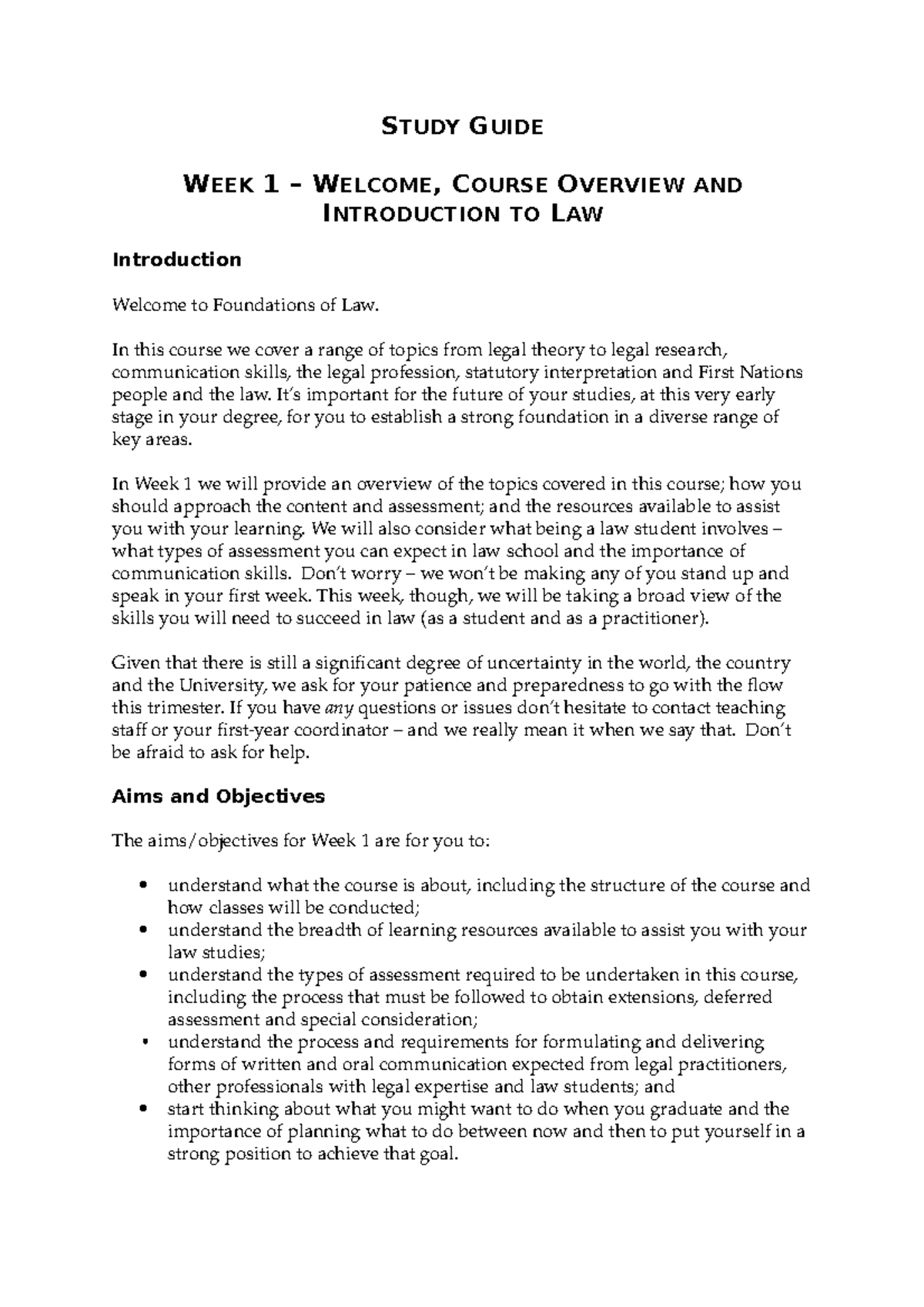 Week 1 Study Guide 1031LAW T2 2021 - STUDY GUIDE WEEK 1 – WELCOME, COURSE OVERVIEW AND ...