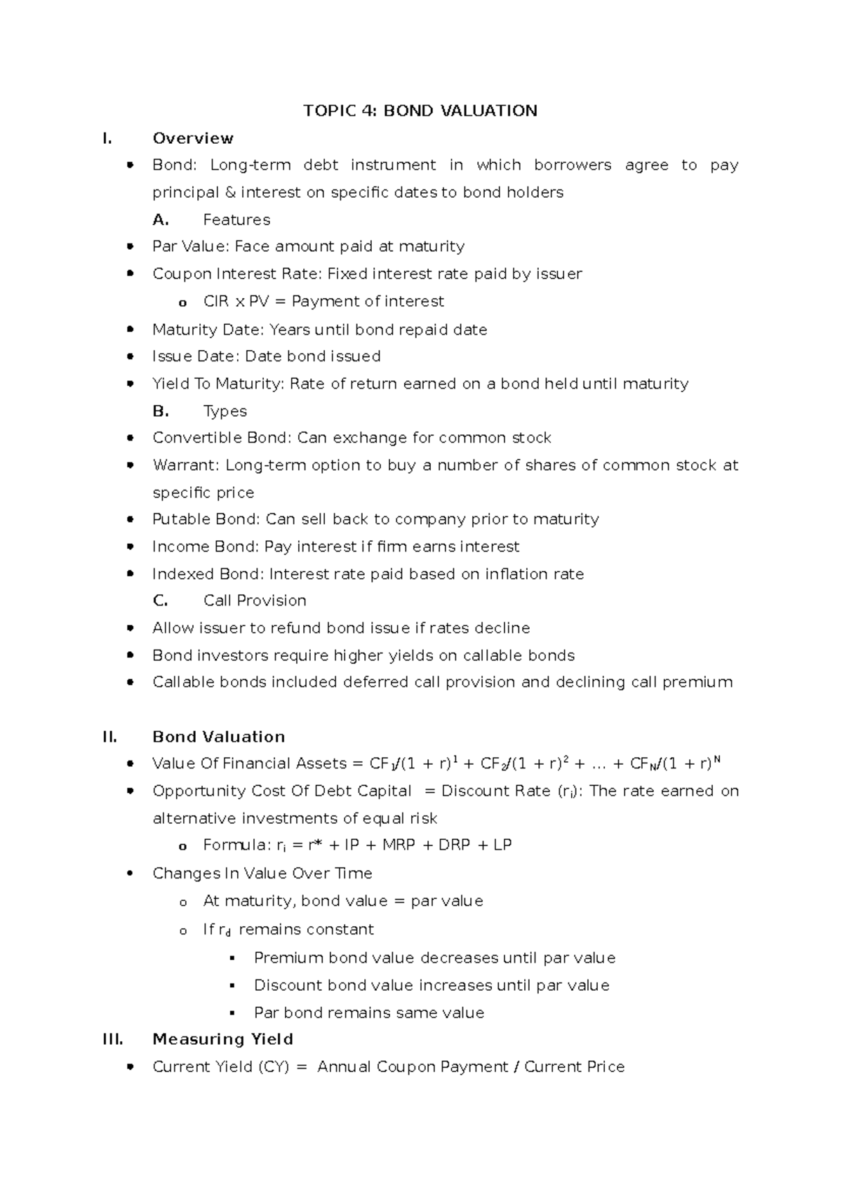 Topic 4 - Bond Valuation - TOPIC 4: BOND VALUATION I. Overview Bond ...