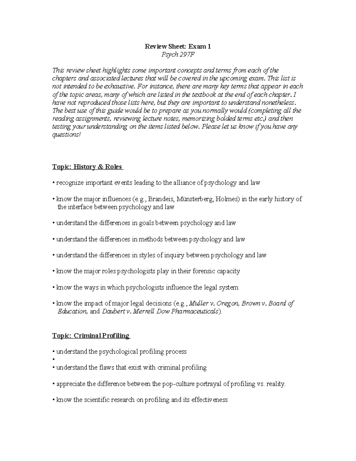 Exam 1 Review Sheet - the best study guide - Review Sheet: Exam 1 Psych ...