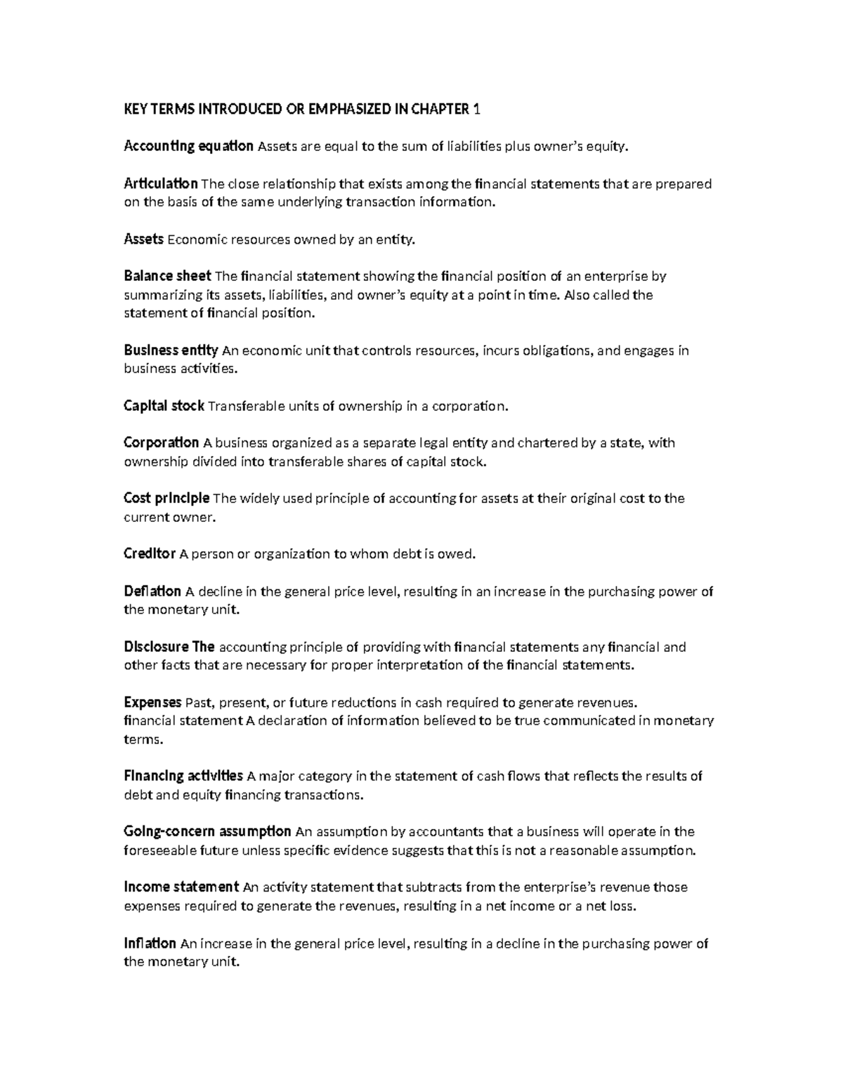 Chapter 1 Basic Financial Statements Glossary - KEY TERMS INTRODUCED OR ...