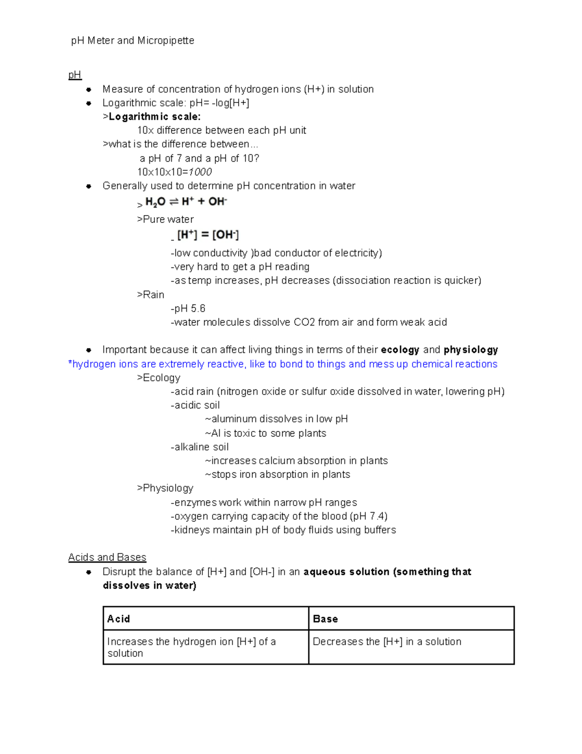 Lab D1 - Wooram Lee - pH Measure of concentration of hydrogen ions (H+) in solution Logarithmic ...