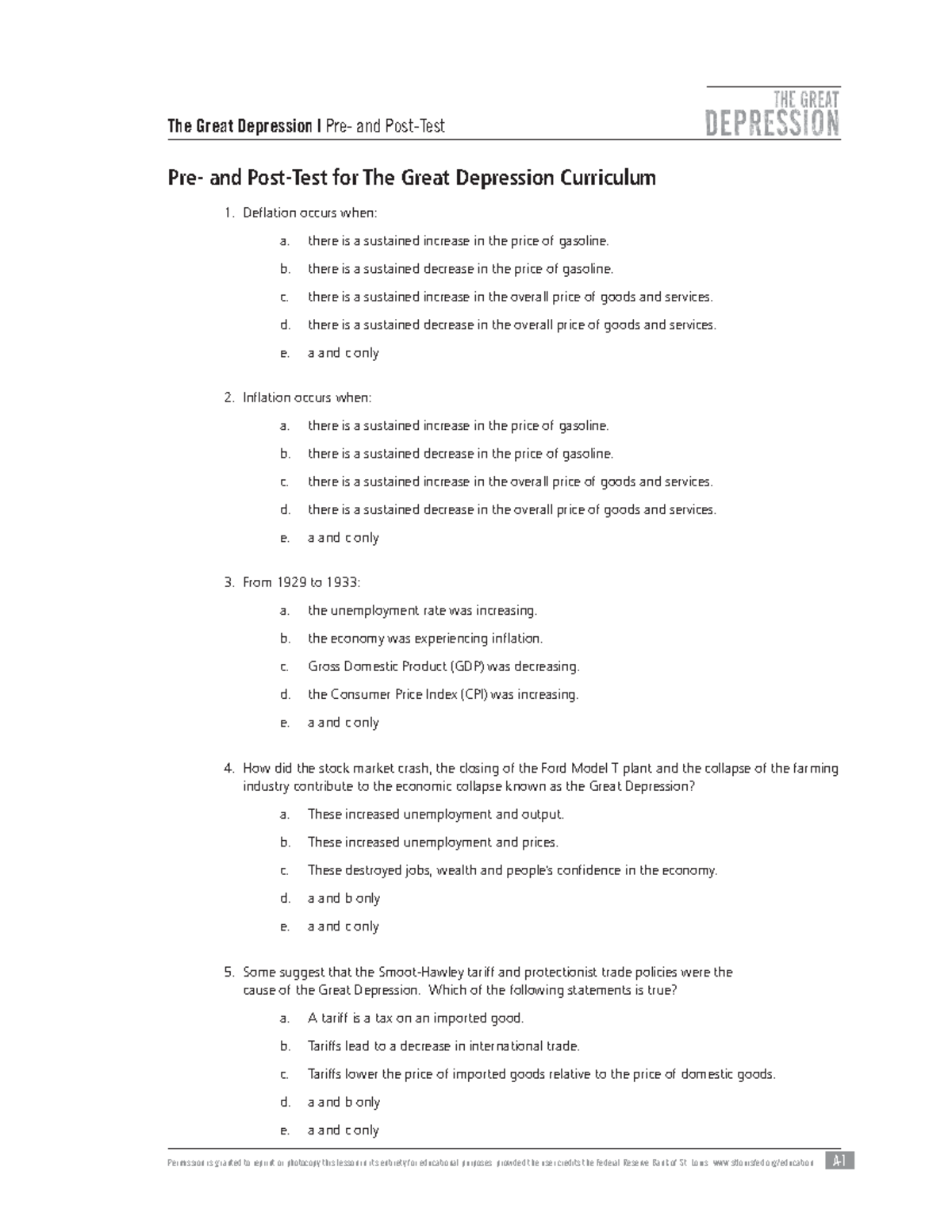 The great depression pre and post test - Permission is granted to ...
