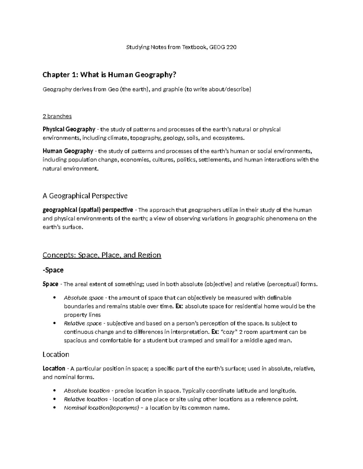 Studying Notes From Textbook GEOG 220 - Human Geography - the study of ...