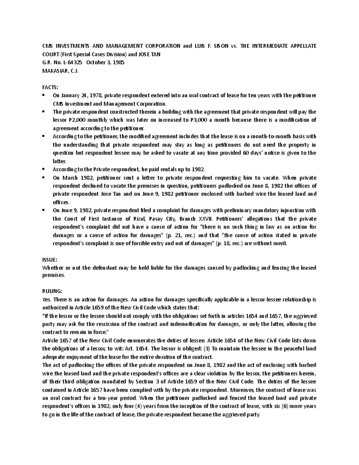CMS INVESTMENTS AND MANAGEMENT CORPORATION and LUIS F. SISON vs. THE ...