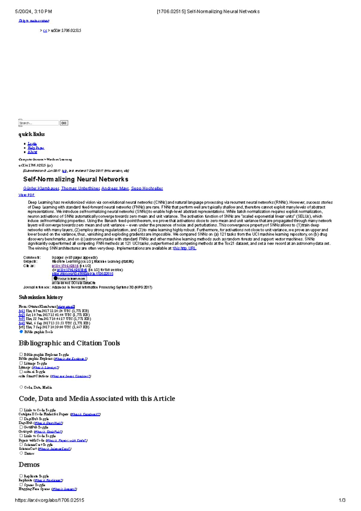 [1706.02515 ] Self-Normalizing Neural Networks - Skip to main content > cs > arXiv:1706. - Studocu