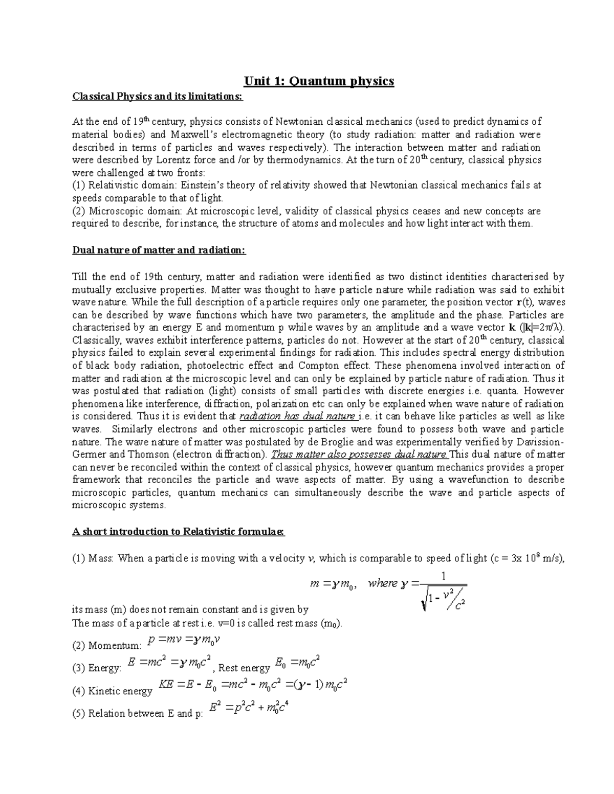 Quantum mechanics VVI notes important for EXams - Unit 1: Quantum ...