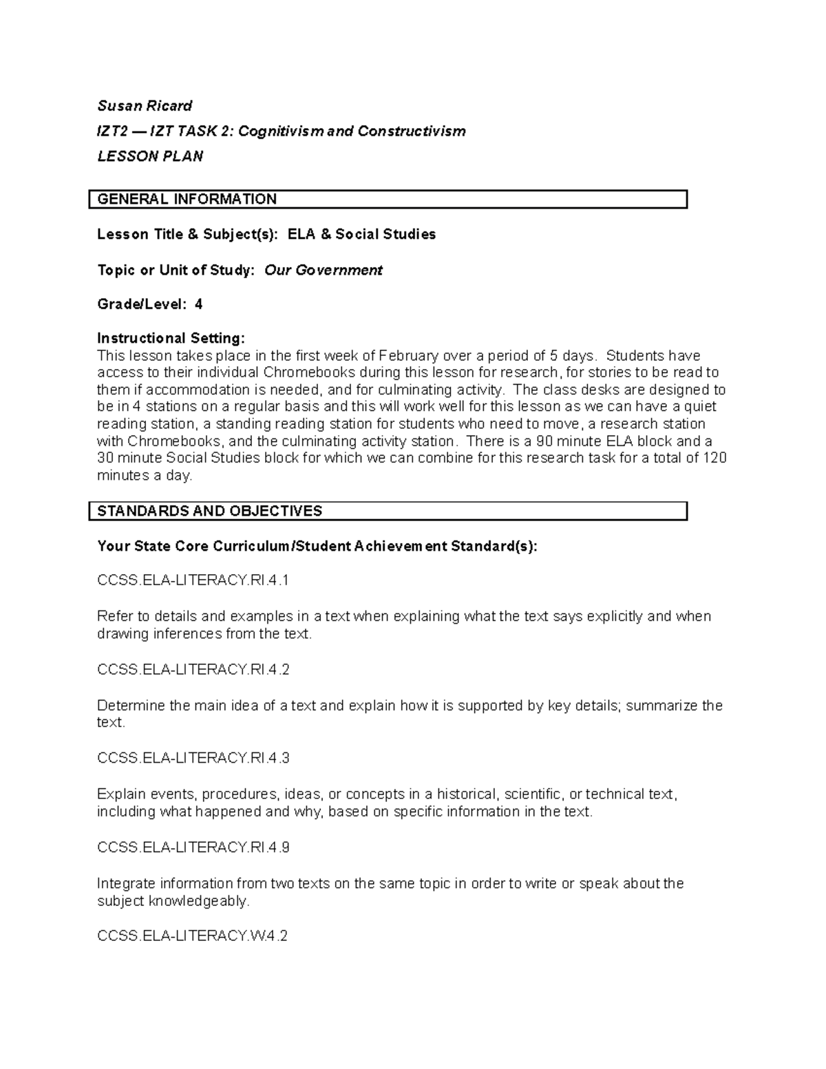 WGU Lesson Plan Task 2 Cognitivism and Constructivism - Susan Ricard IZT2 — IZT TASK 2 ...