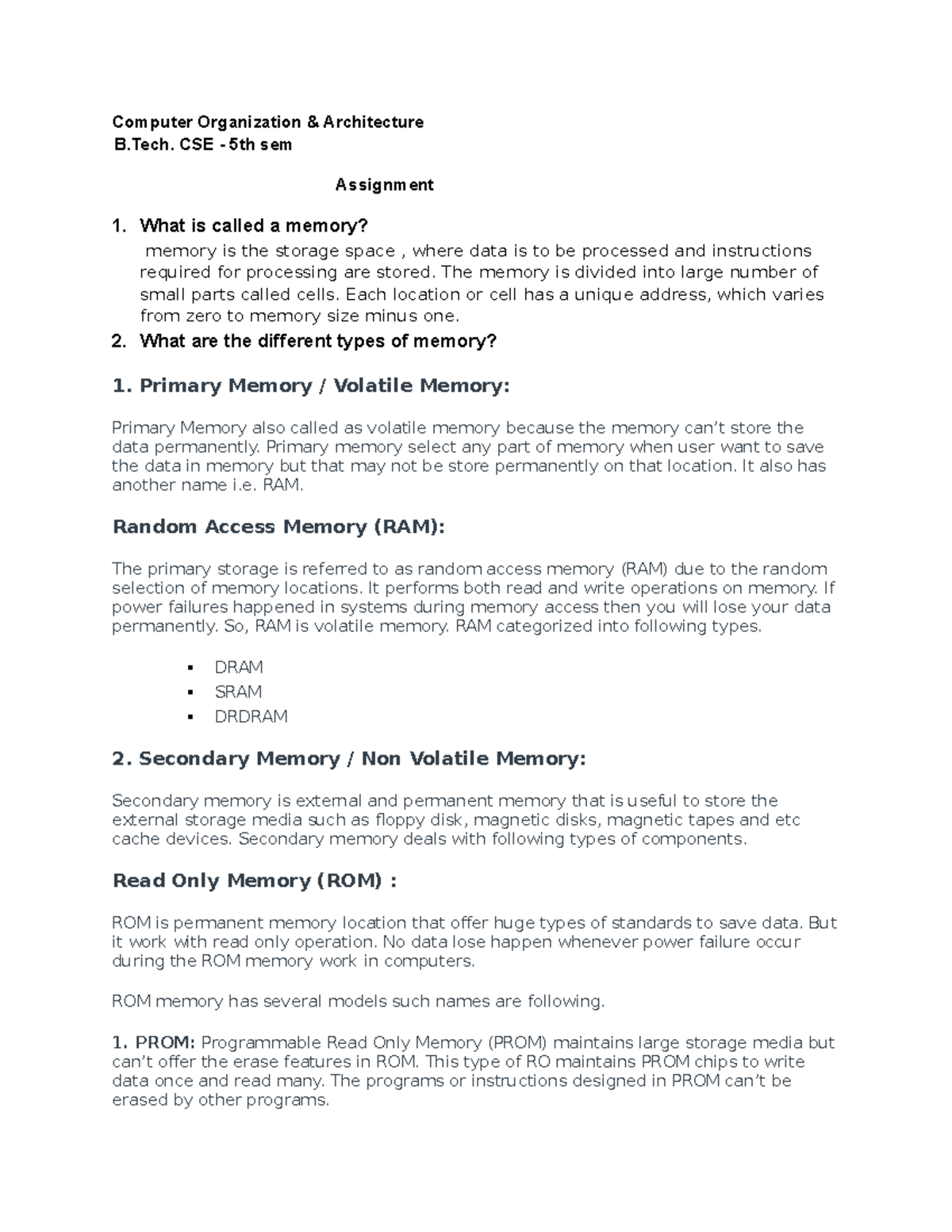 COA Assignments 4 - Handwritten assignment - Computer Organization & Architecture B. CSE - 5th ...