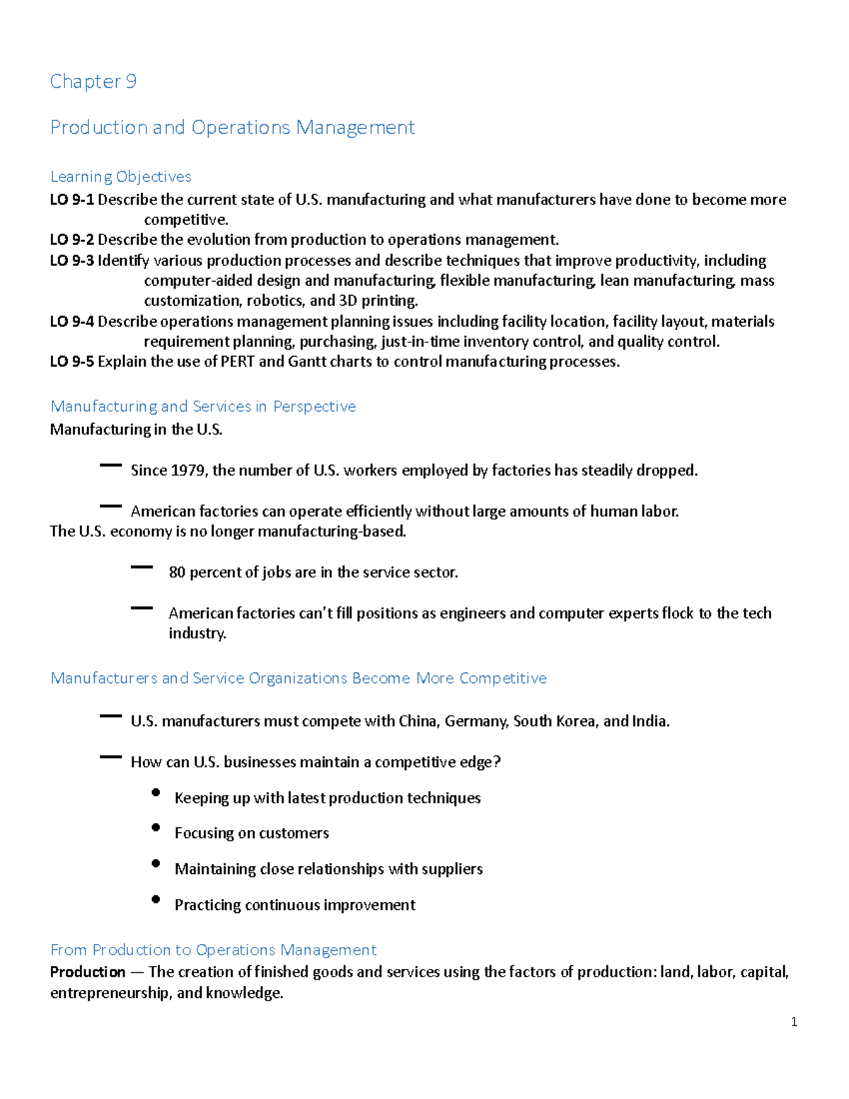BUS9 Chapter 9 Outline - Chapter 9 Production and Operations Management ...