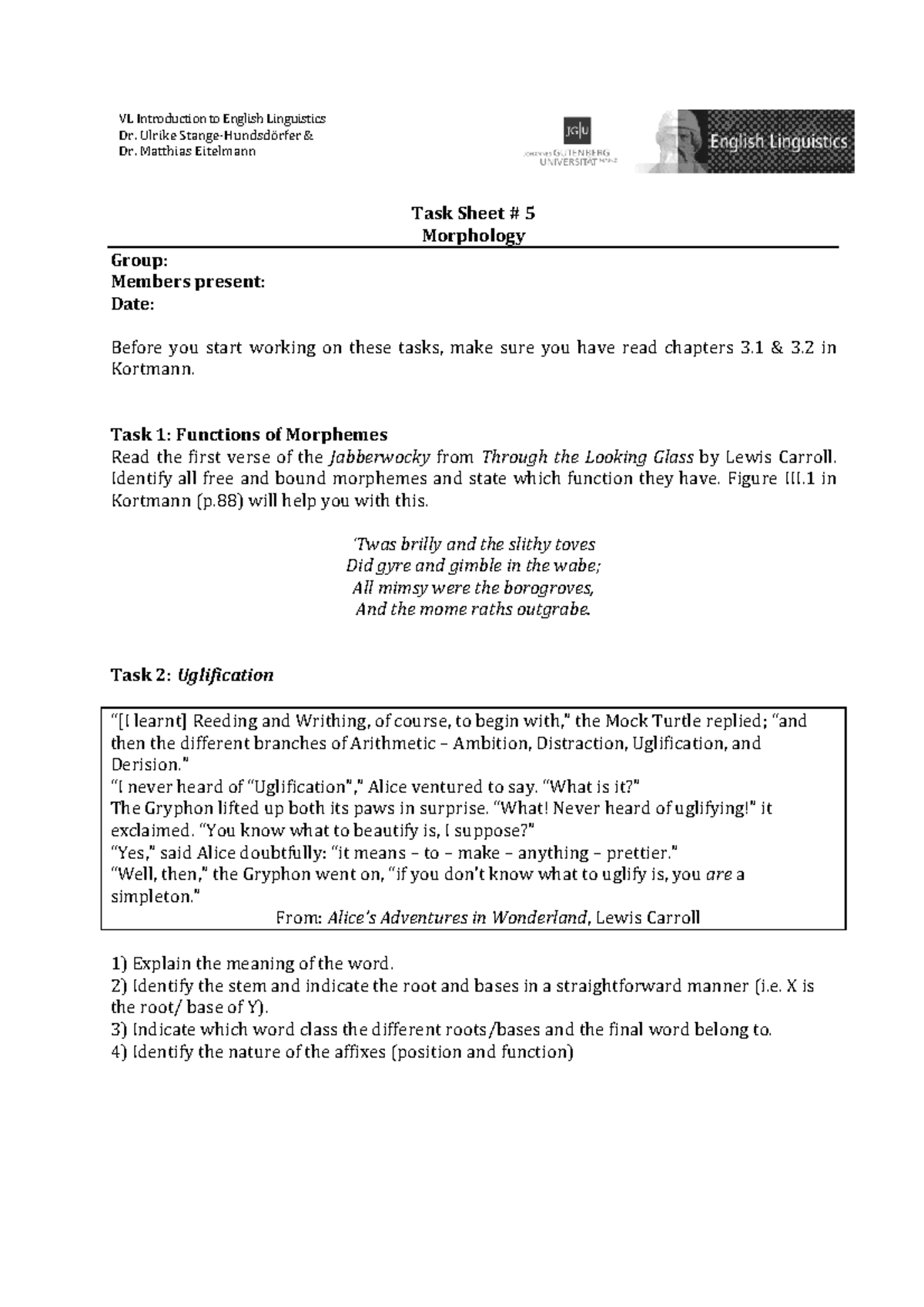 04 Tasksheet - Morphology - VL Introduction to English Linguistics Dr ...
