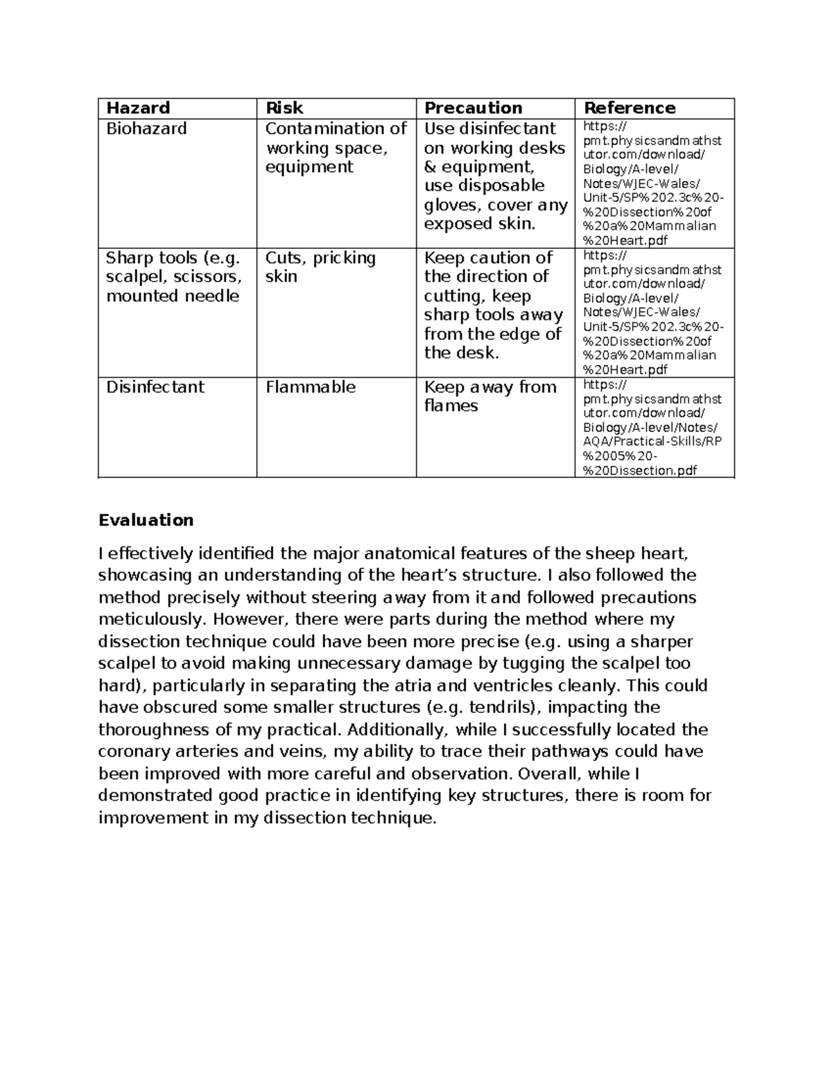 Biology Practical 5 - Risk Assesment - Hazard Risk Precaution Reference ...