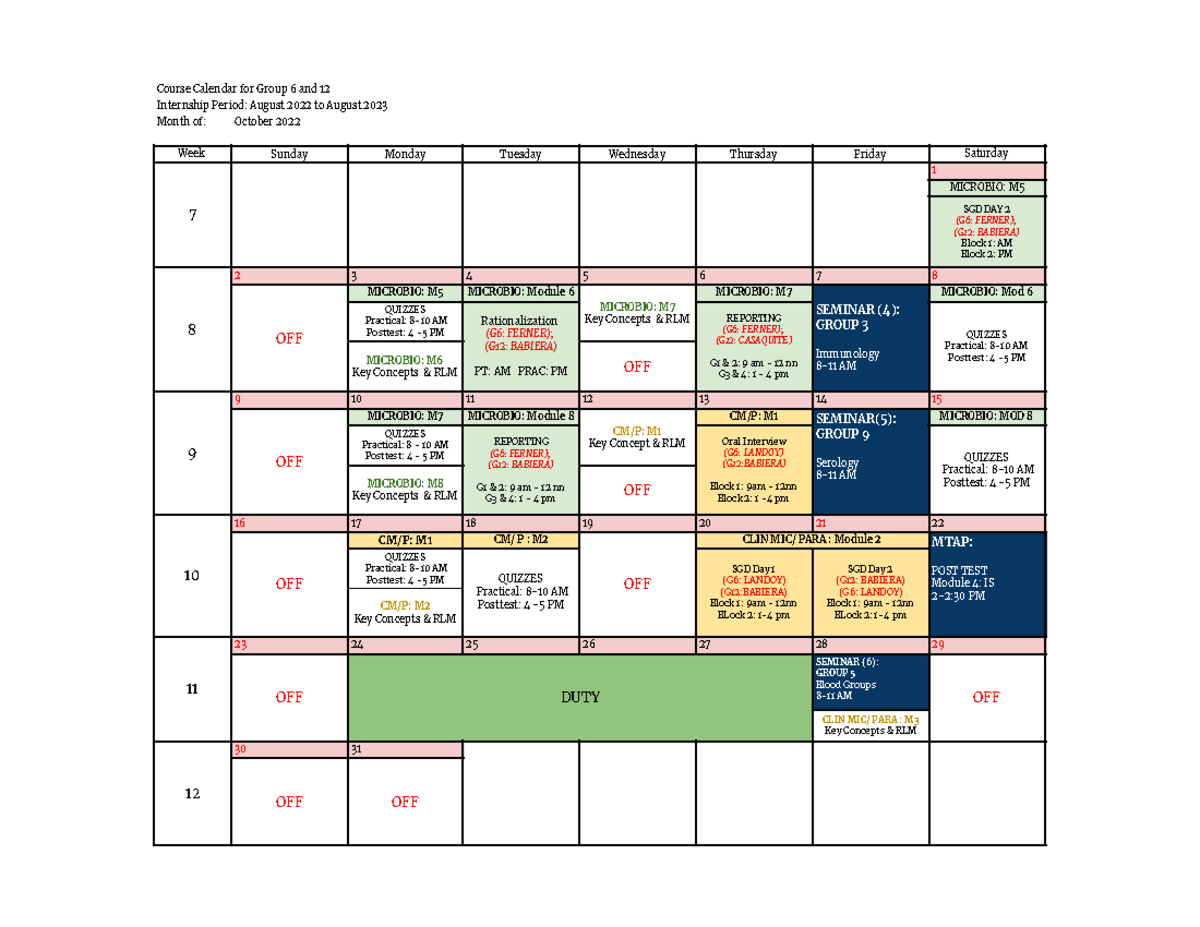 Group 6 12 Course Calendar October 2022 1 - Course Calendar for Group 6 ...