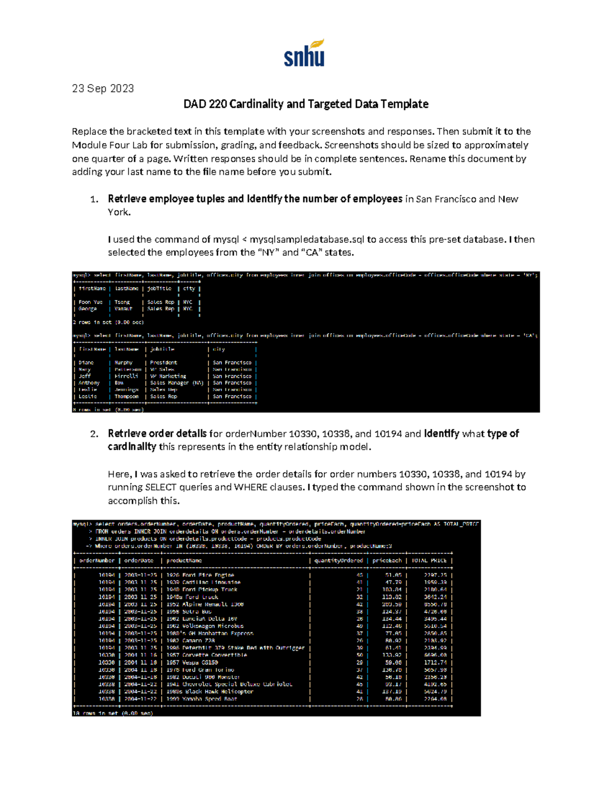 DAD 220 Cardinality and Targeted Data - Then submit it to the Module ...