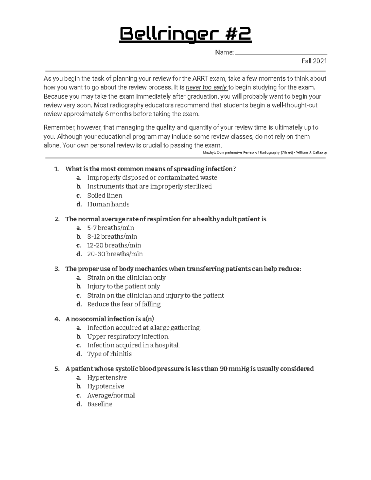 Bellringer#2 - 5 Question Bell Ringer - Bellringer Name