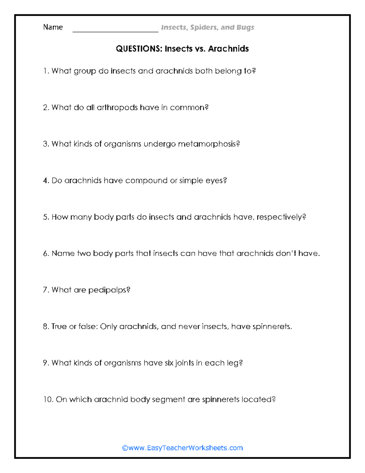 5 - arthropods practise material - Name Insects, Spiders, and Bugs ...