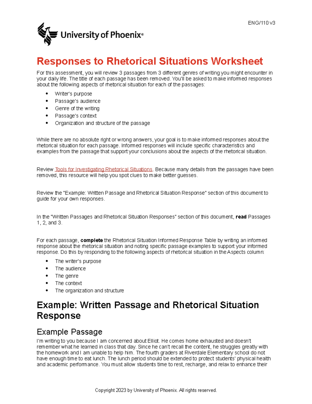 Eng110 v3 wk2 responses to rhetorical situations worksheet - ENG/110 v ...