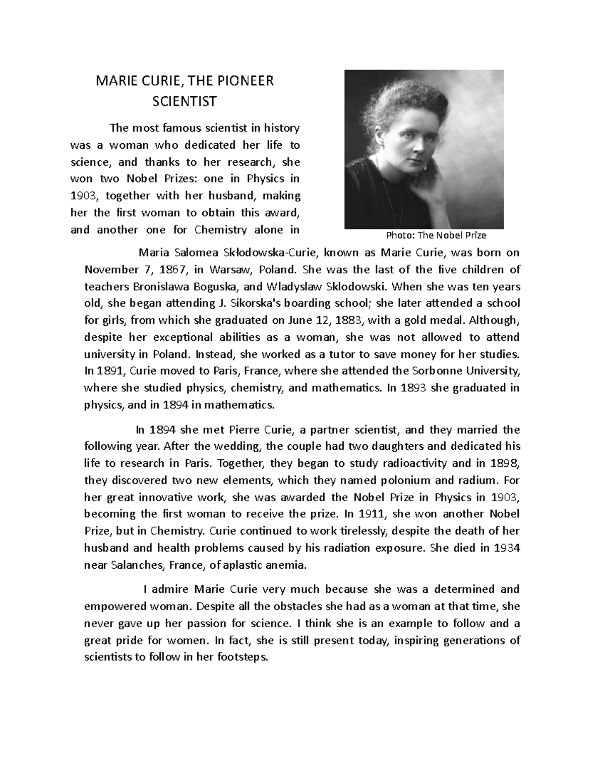 Marie Curie - English Biography - MARIE CURIE, THE PIONEER SCIENTIST ...