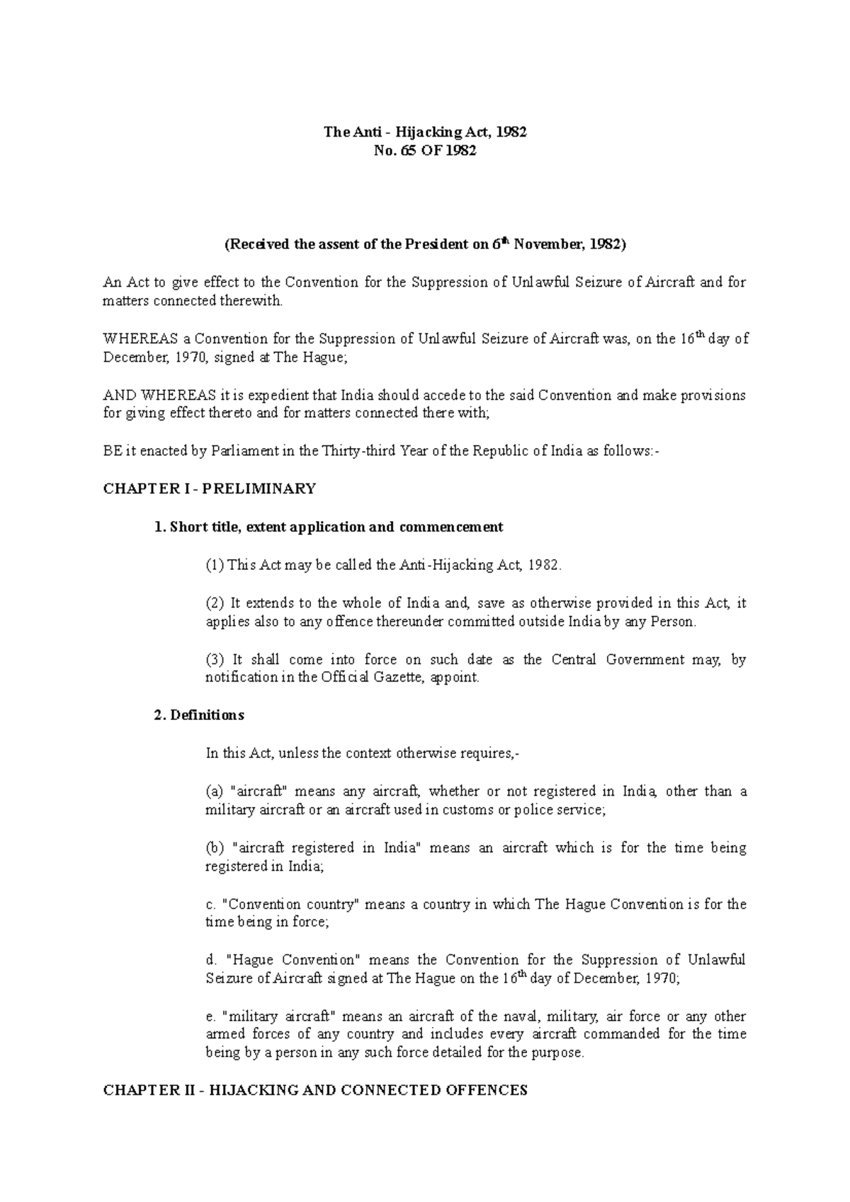 The Anti hijacking act 1982 unit-3 - The Anti - Hijacking Act, 1982 No ...
