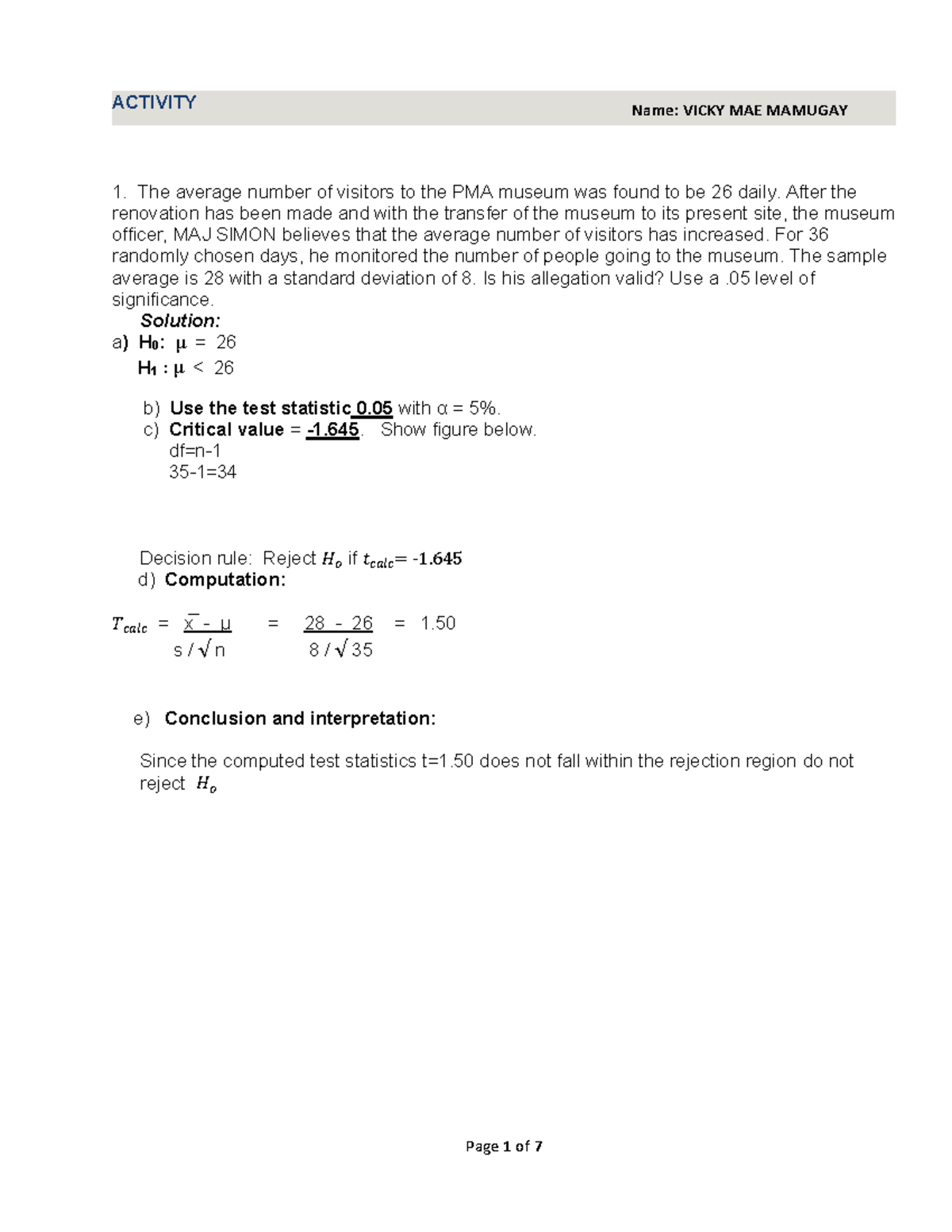 T-test activity - Page 1 of 7 ACTIVITY 1. The average number of ...
