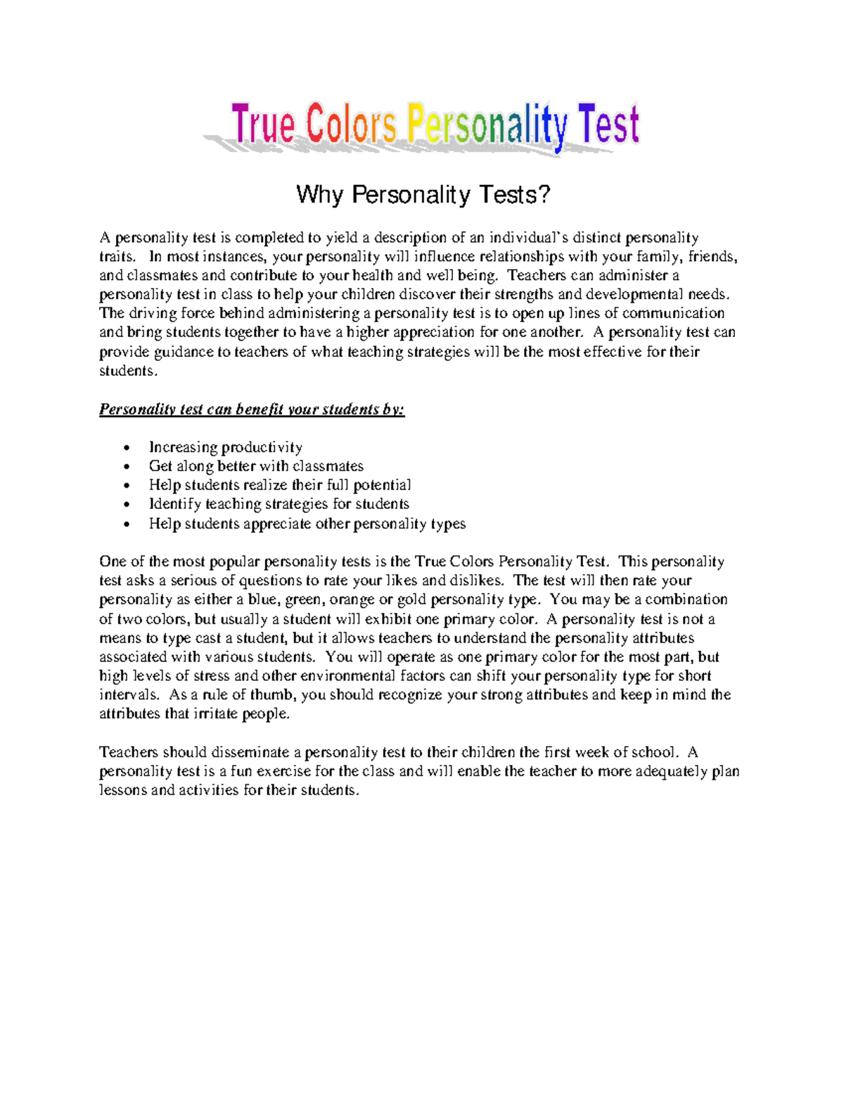 True Colors - Why Personality Tests? A personality test is completed to ...