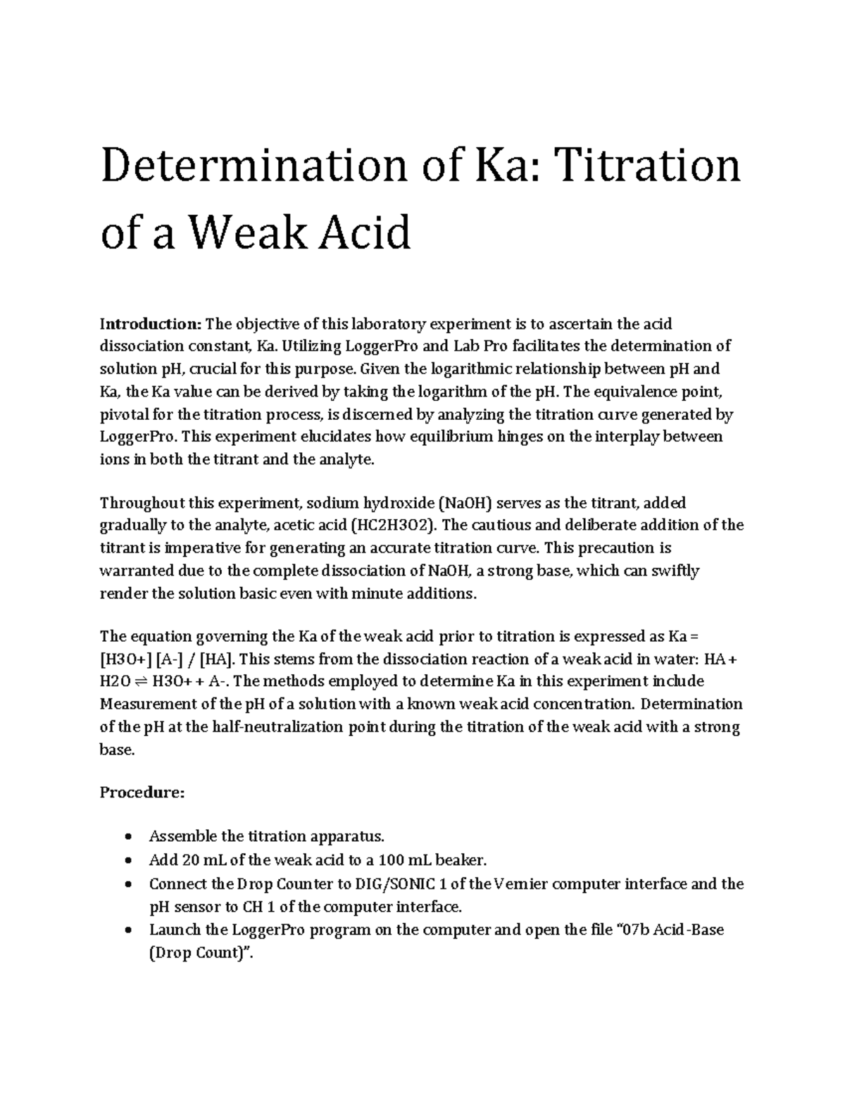 Determination of Ka Report maness - Determination of Ka: Titration of a ...