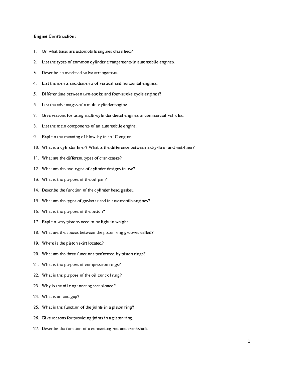 Engine Technology I Review Questions - 1 Engine Construction: 1. On ...