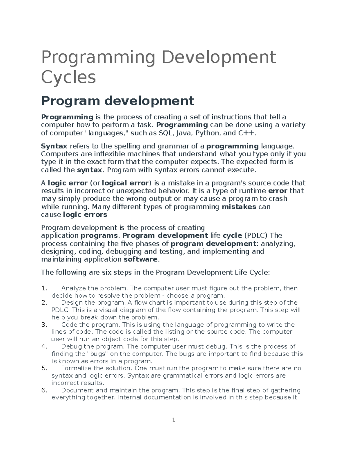 Programming Development Cycles Programming Development Cycles Program Development Programming