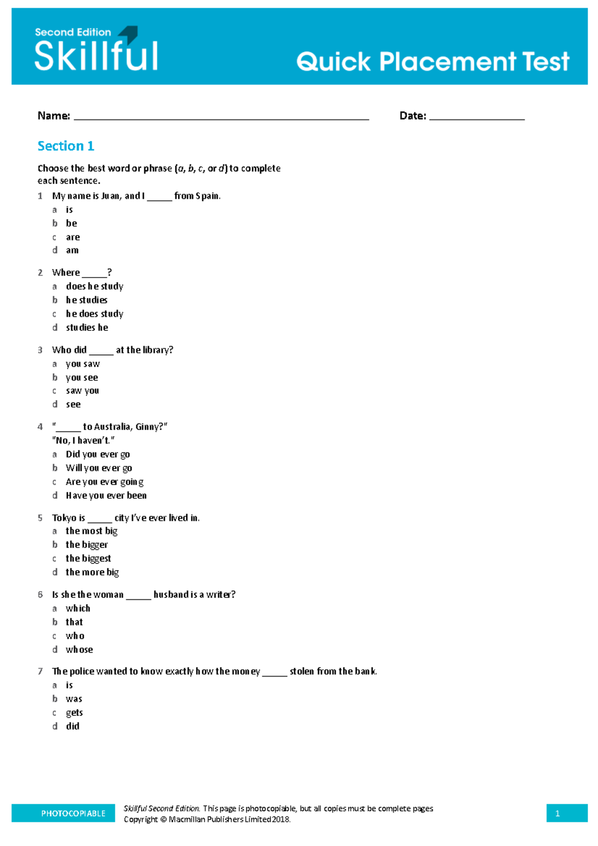 SK 2e Quick Placement Test with key - ####### Skillful Second Edition ...