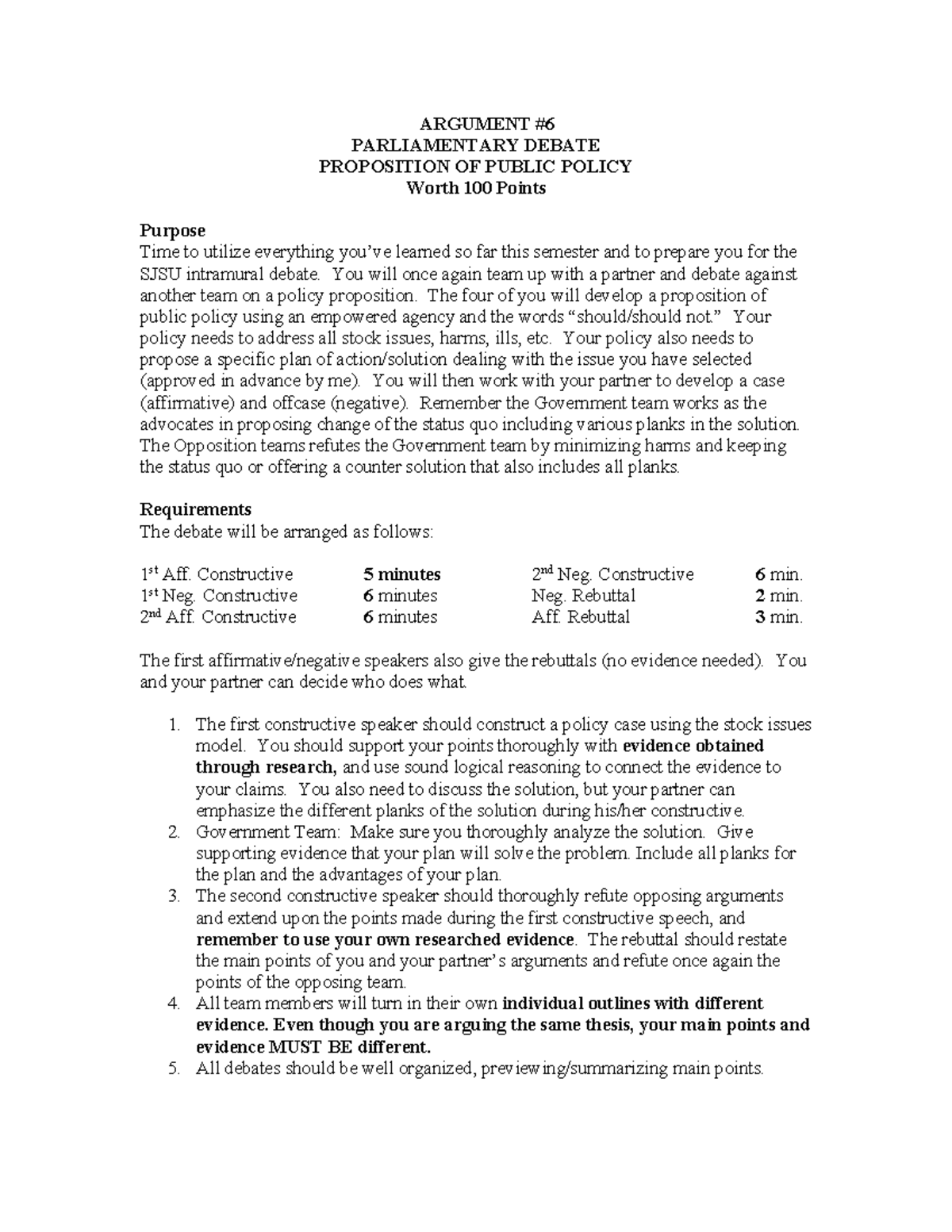 COMM 40 Assignment 6 - ARGUMENT PARLIAMENTARY DEBATE PROPOSITION OF ...