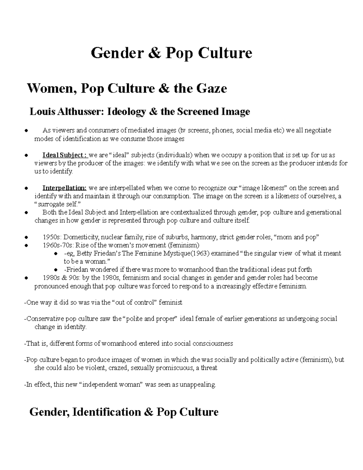 SOC202 Lecture 5 - notes - Gender & Pop Culture Women, Pop Culture ...