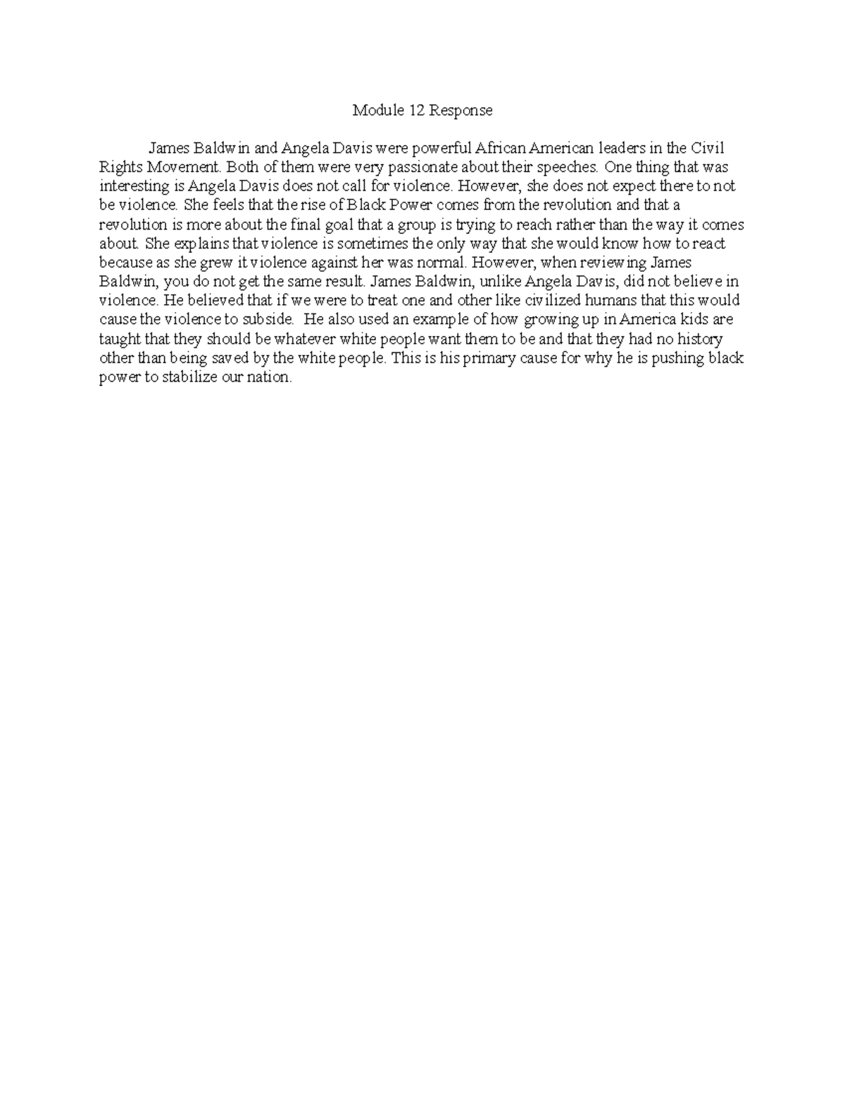 Module 12 Response - Module 12 Response James Baldwin and Angela Davis ...