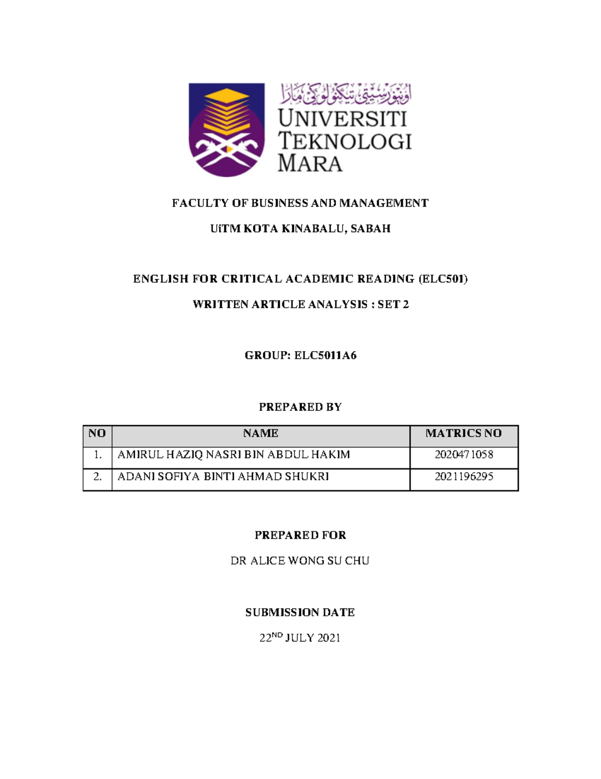 ELC501 Written Article Analysis FACULTY OF BUSINESS AND MANAGEMENT elc501-written-article-analysis-faculty-of-business-and-management