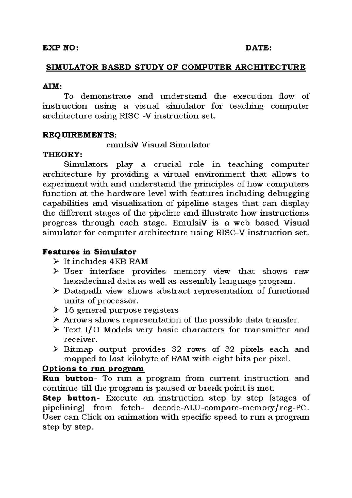 Emulsi V simulator - study exp - EXP NO: DATE: SIMULATOR BASED STUDY OF COMPUTER ARCHITECTURE ...