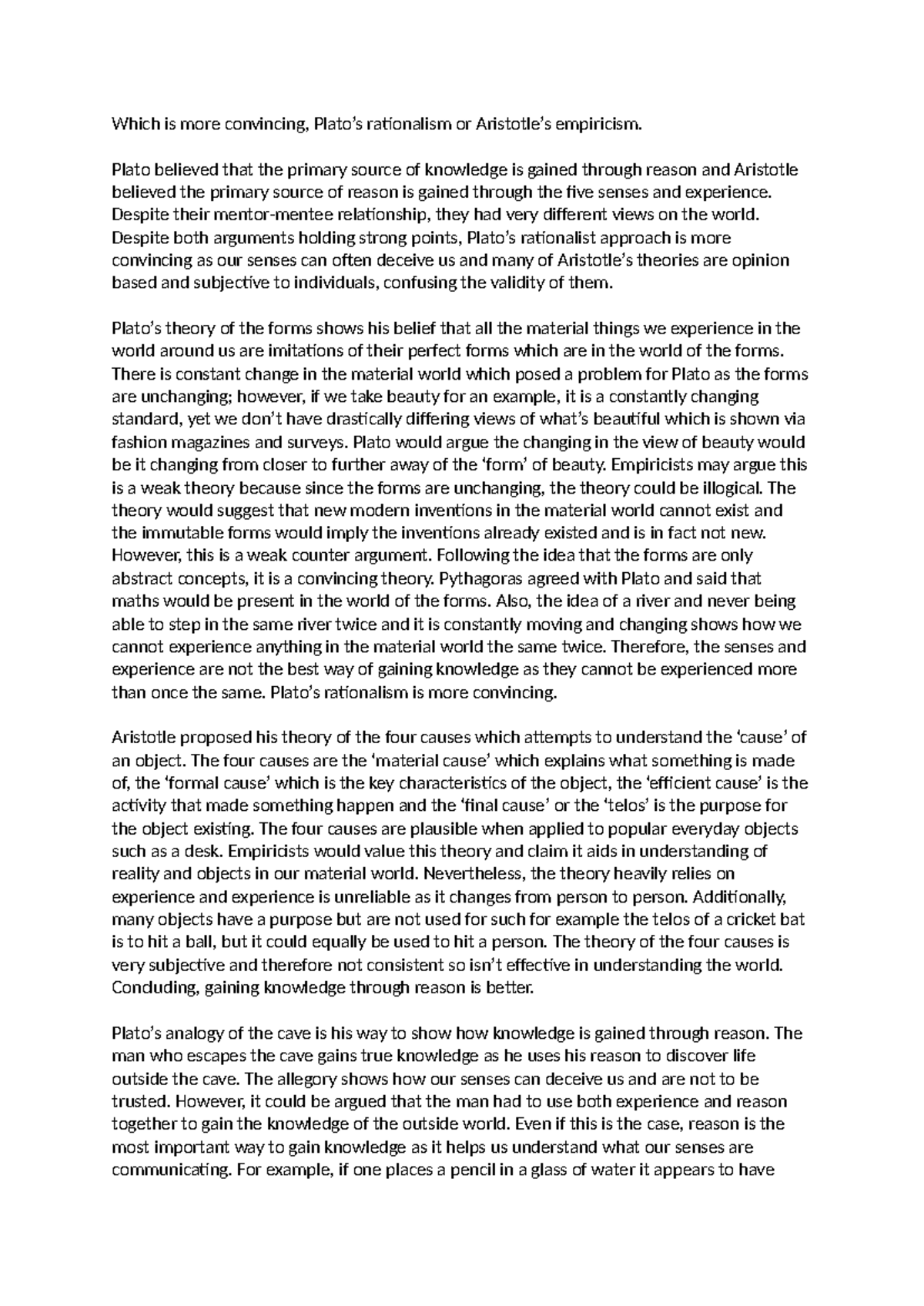 Which is more convincing, Plato’s rationalism or Aristotle’s empiricism ...