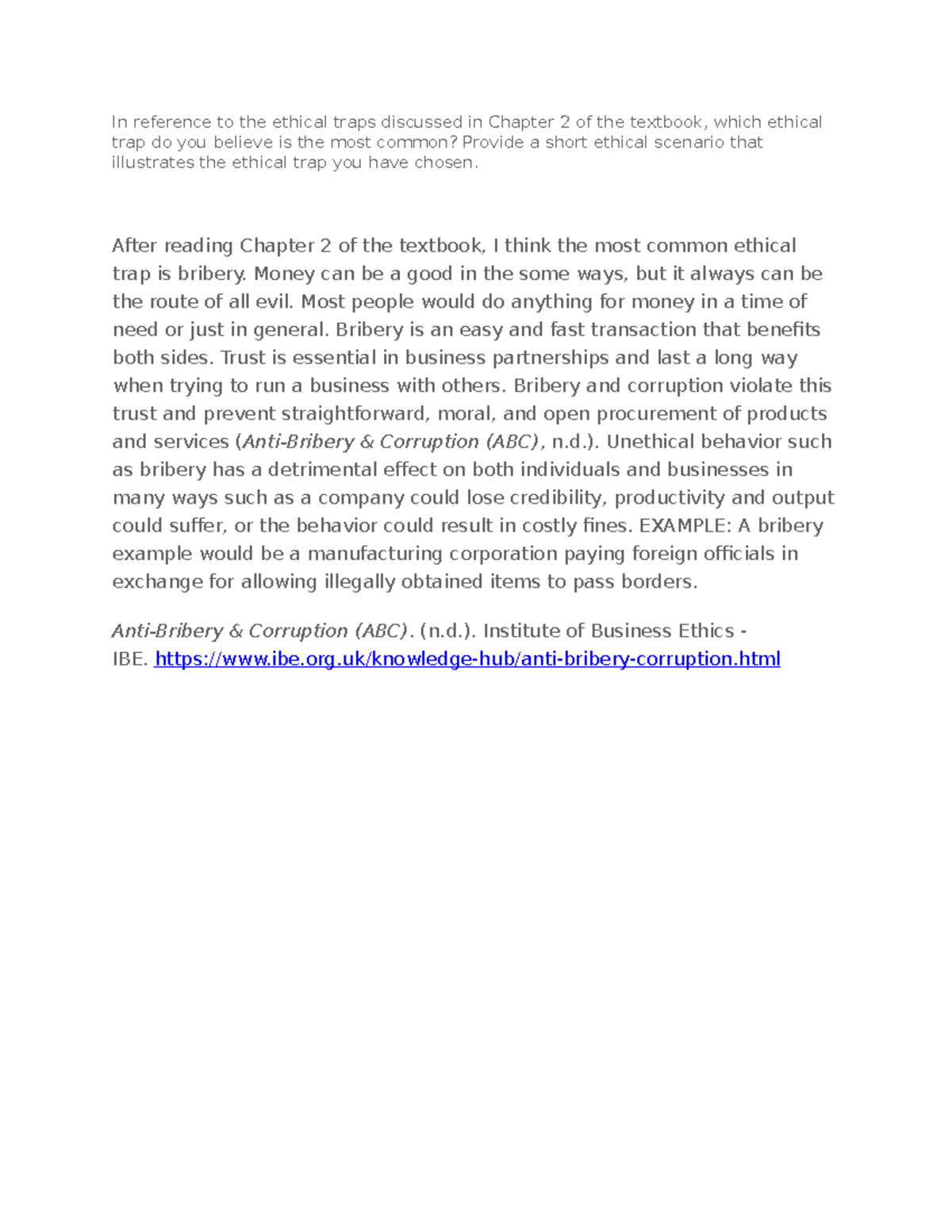 Bus340 topic 2 dq2 - In reference to the ethical traps discussed in ...