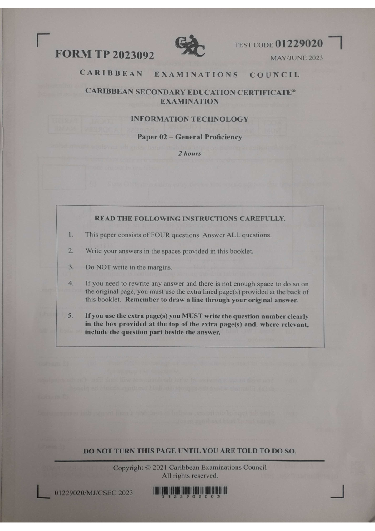 650207526 CSEC Information Technology Paper 2 2023 - Integrated Science ...