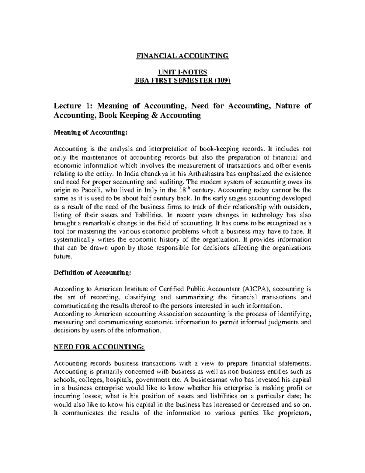 Unit -I FA - Lecture notes 5 - FINANCIAL ACCOUNTING UNIT I-NOTES BBA ...