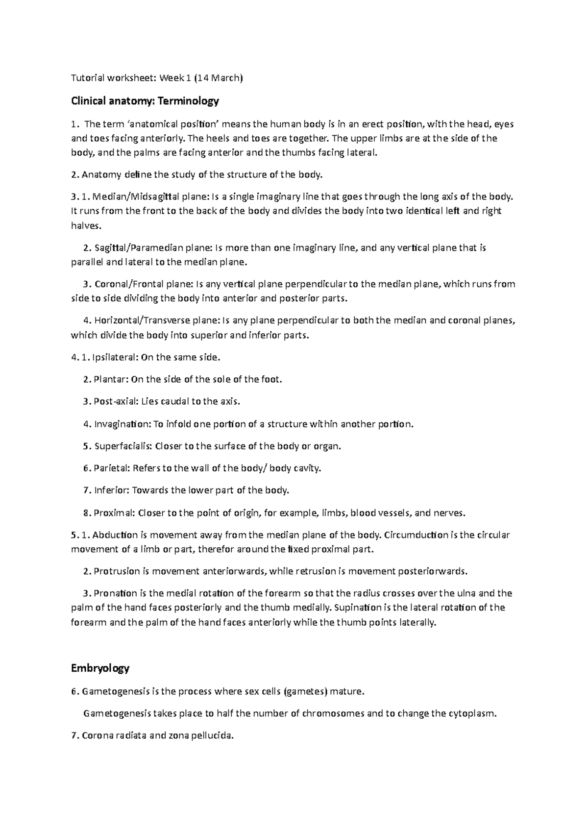 Anatomy Tutorial Worksheet 1 - Tutorial worksheet: Week 1 (14 March ...