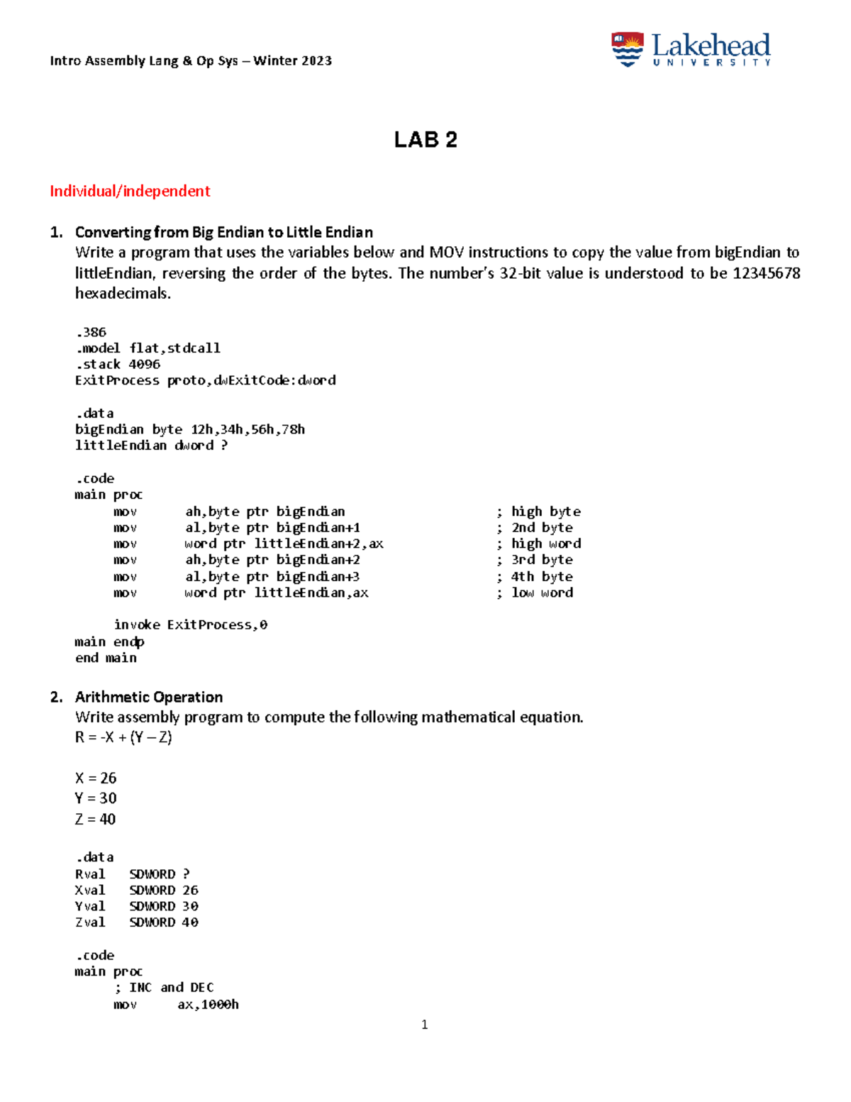 Lab 2 - Solution - This is a lab - Intro Assembly Lang & Op Sys – Winter 2023 1 LAB 2 - Studocu