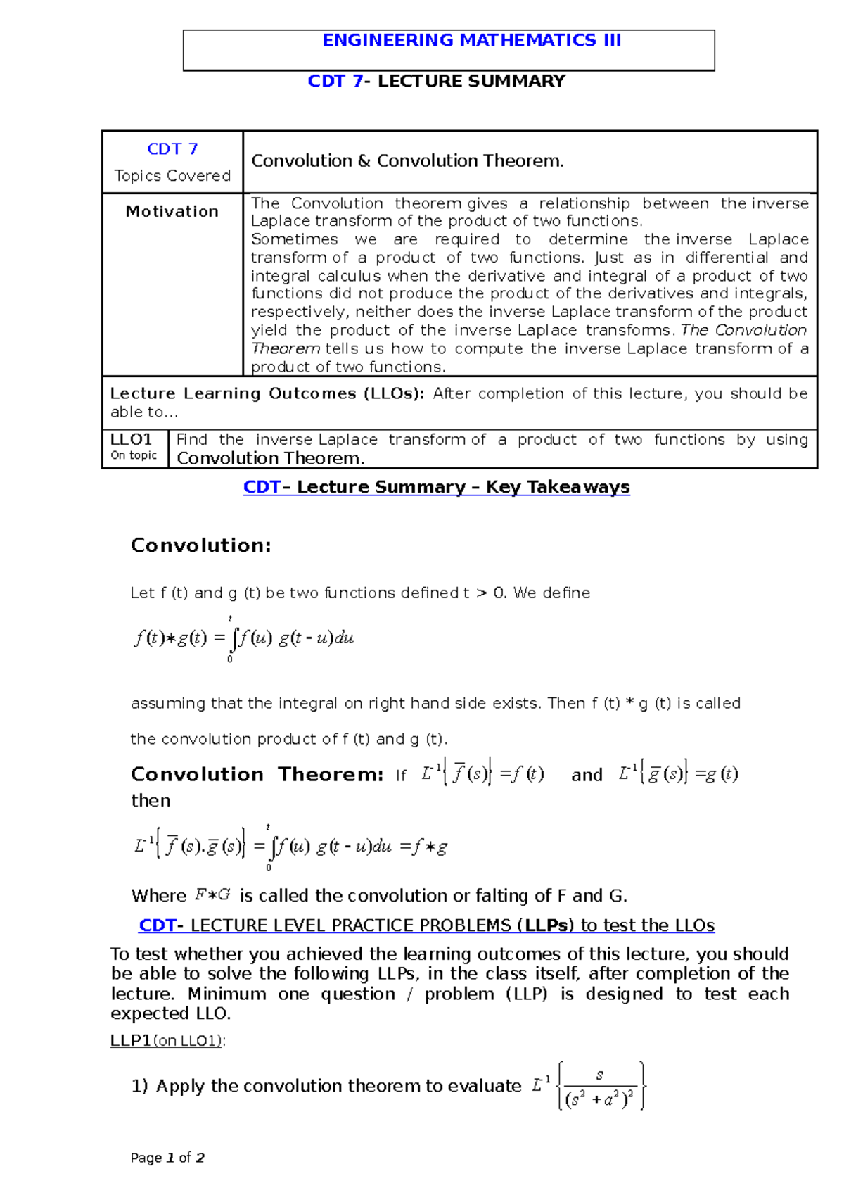 CDT7-Convolution Theorem - ENGINEERING MATHEMATICS III CDT 7- LECTURE SUMMARY CDT 7 Topics ...