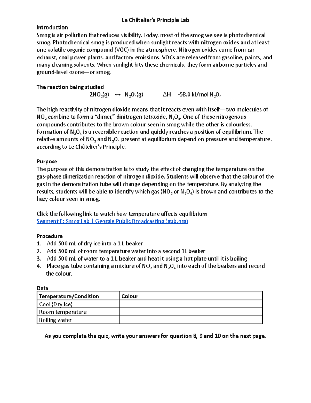 Equilibrium Lab - Eq Lab - Le Châtelier’s Principle Lab Introduction Smog is air pollution that ...